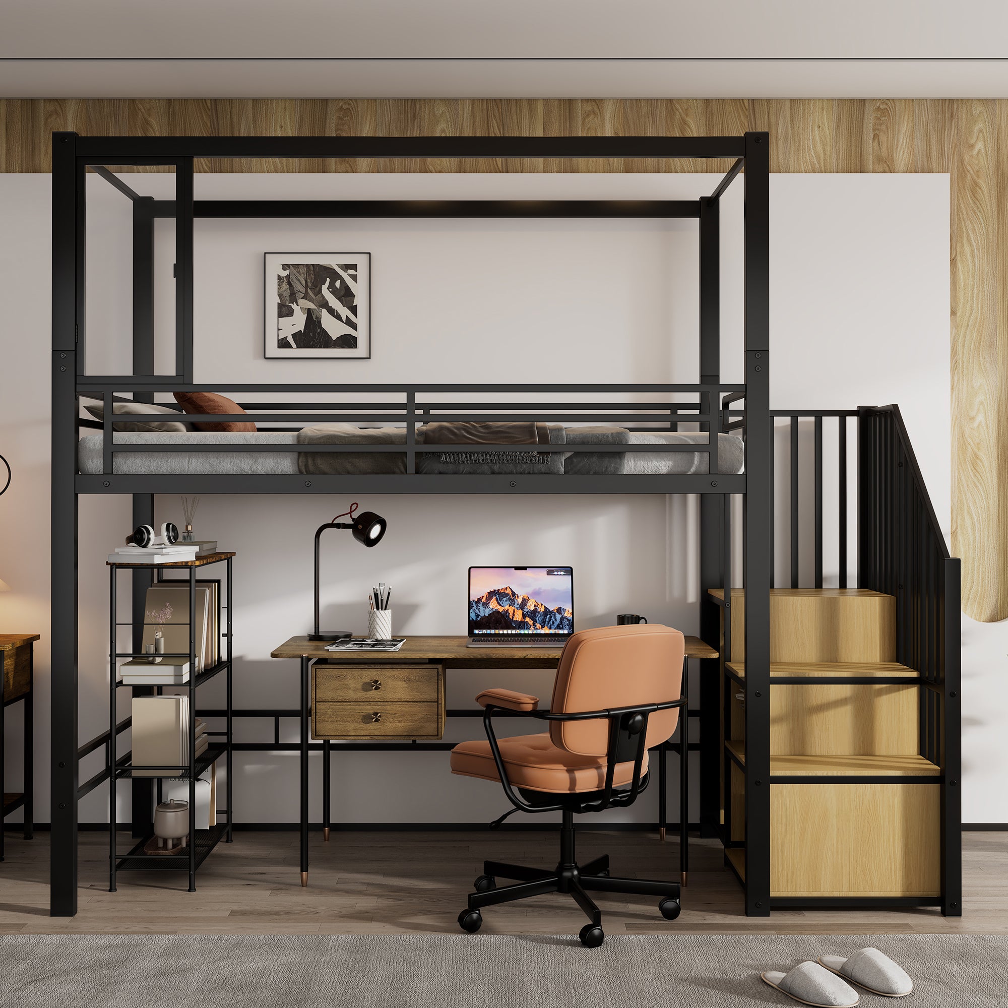 Lit mezzanine, lit en fer, fer + MDF, escalier avec penderie et meuble ...