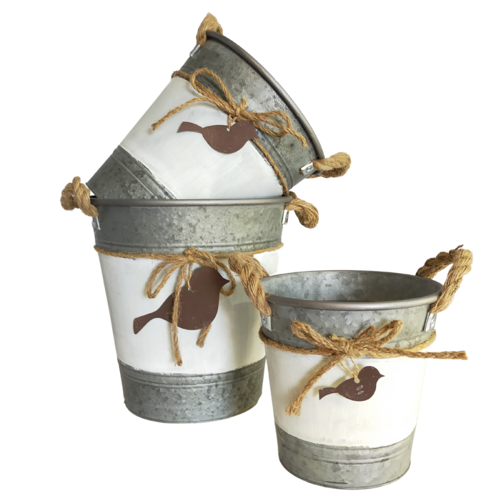 ~ Set de 3 cache-pots en métal blanc gris et marron Ø21.5-26-29 cm ...