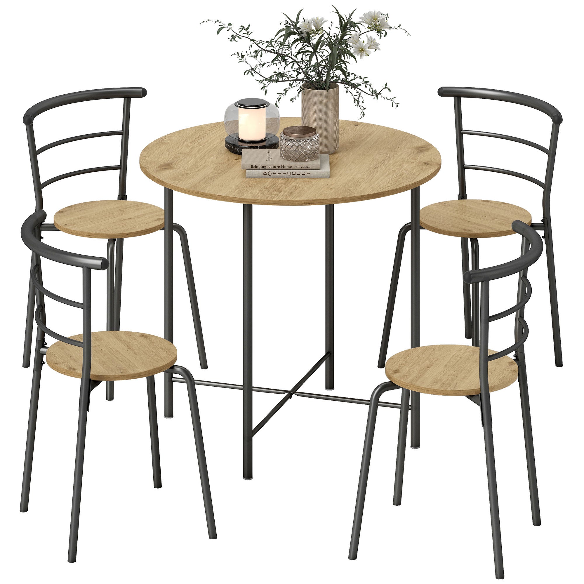Conjunto de Comedor HOMCOM MDF, Metal Madera Natural 85x85x76 cm ...