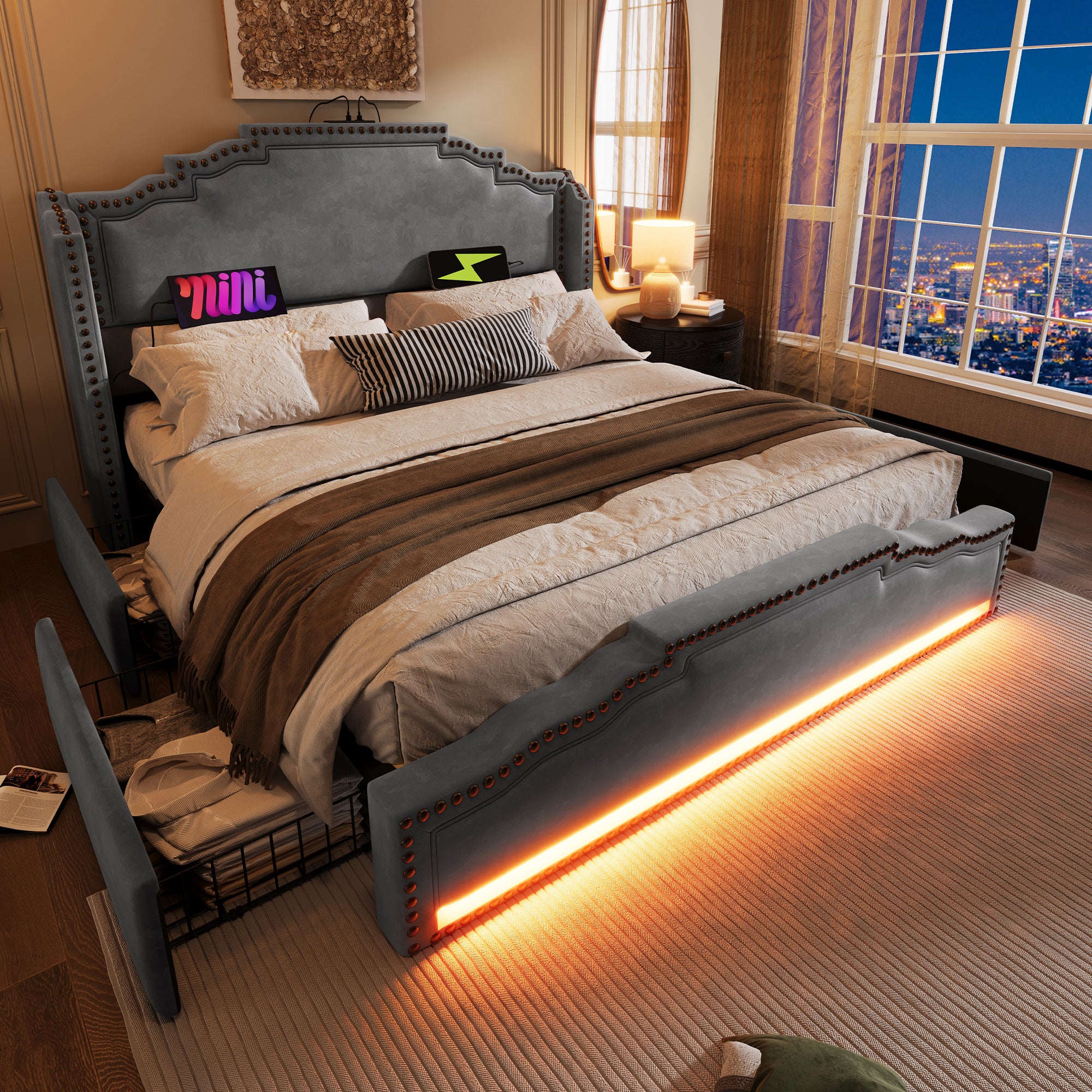 Lit adulte 140x200 cm avec 4 tiroirs, rangement, prises USB-C et ...