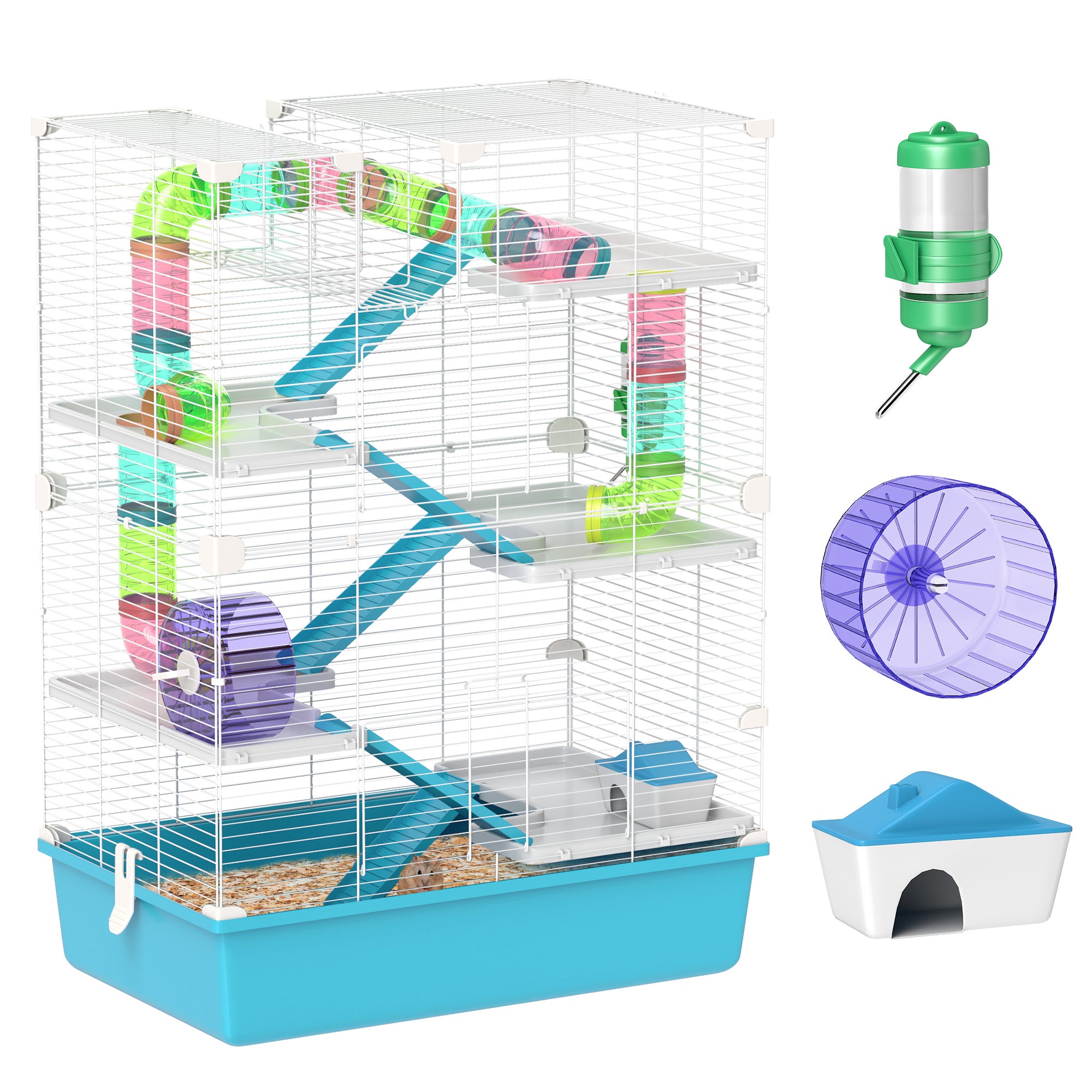 6-Level Hamster Cage with Tunnel, Wheel, Ramps, House, Bottle and Bowl ...