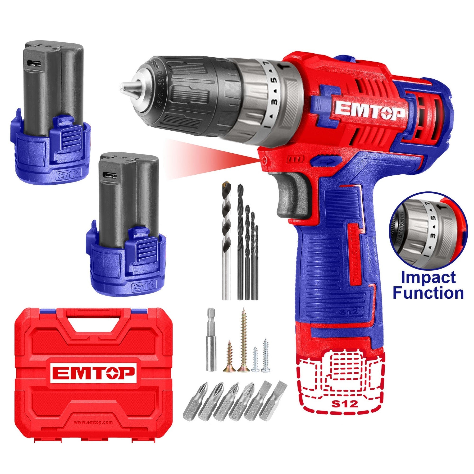 Perceuse visseuse à percussion sans Fil EMTOP 12V avec 2 Batteries ...