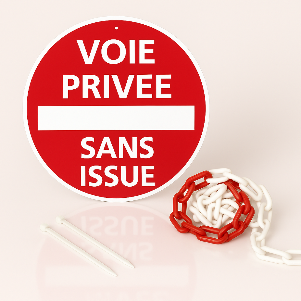 Voie privée sans issue disque prépercé + chaine plastique rouge/blanc + collier de serrage ...