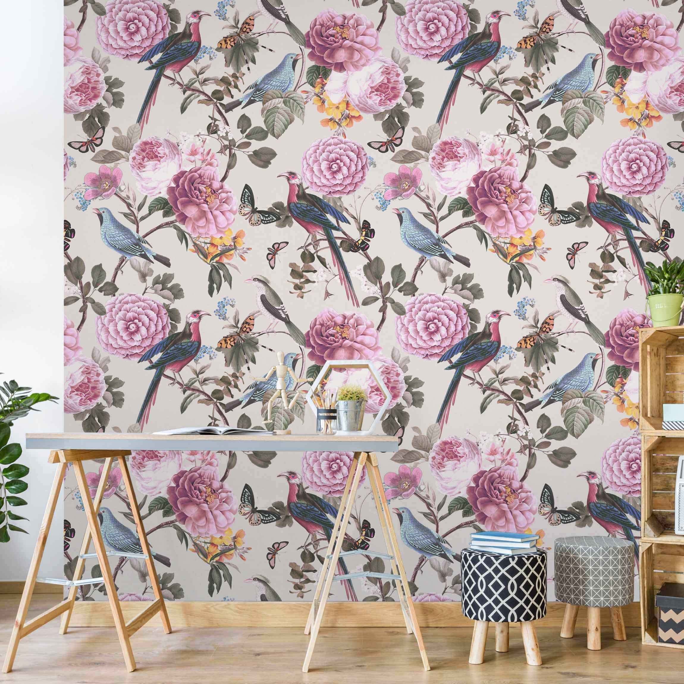 Papier peint panoramique pivoines tropical art vintage animaux 223 ...