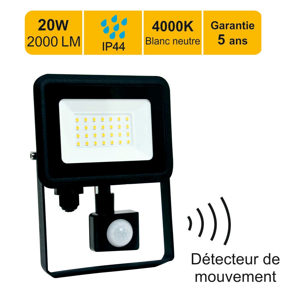 Projecteur LED 20W 2000 LM 4000K IP44 avec détecteur - garantie 5 ans ...