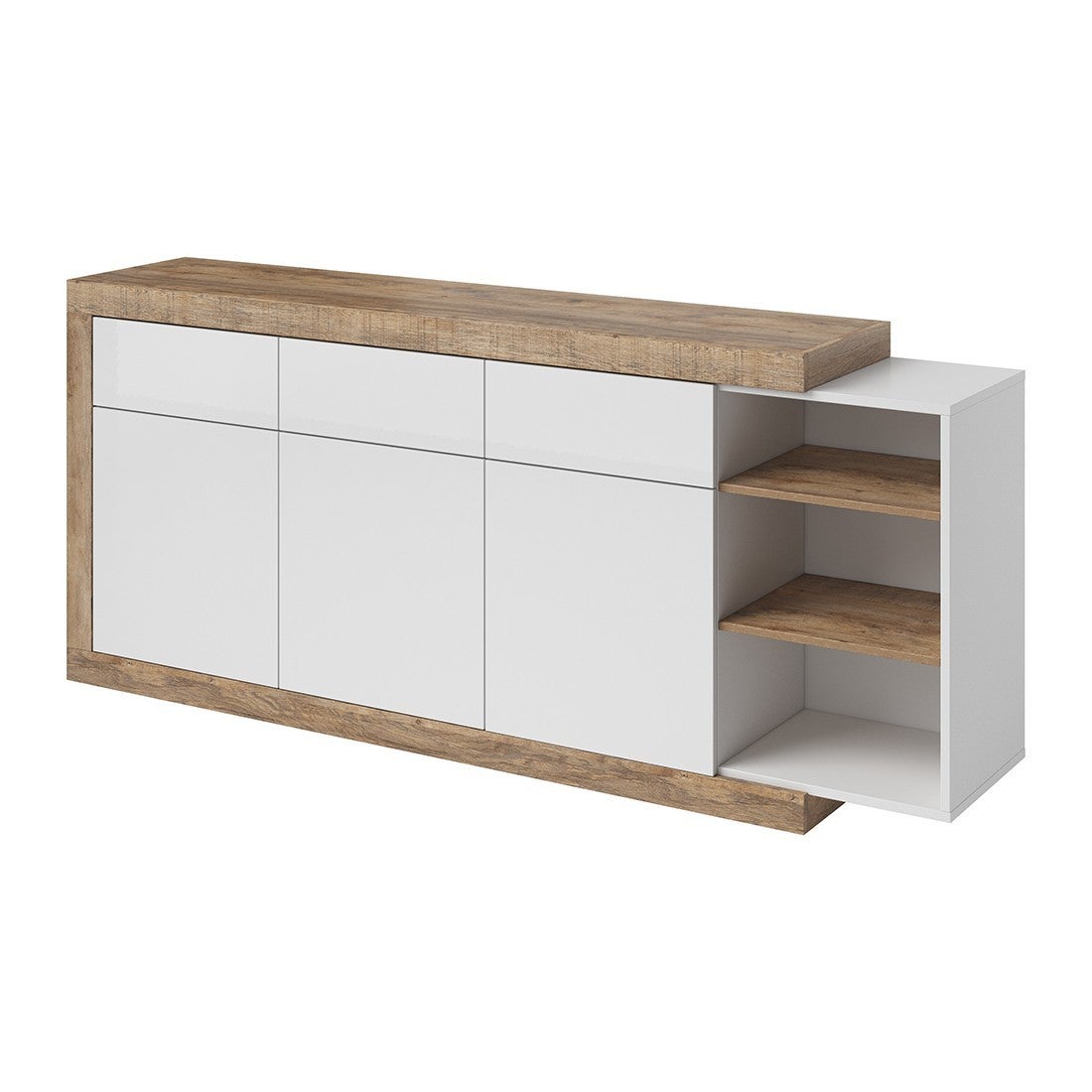 Buffet 200cm coloris chêne et blanc brillant avec nombreux rangements ...
