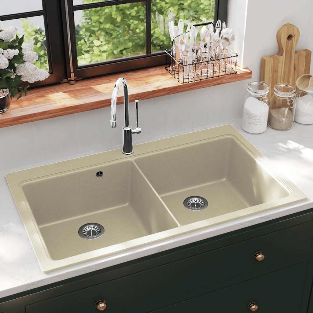 Fregadero de cocina doble de granito color beige. | Leroy Merlin