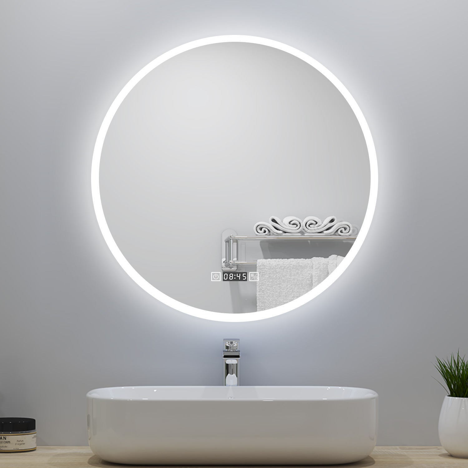 Miroir lumineux Rond 80cm avec Horloge + 3 Couleurs + Dimmable + Anti ...