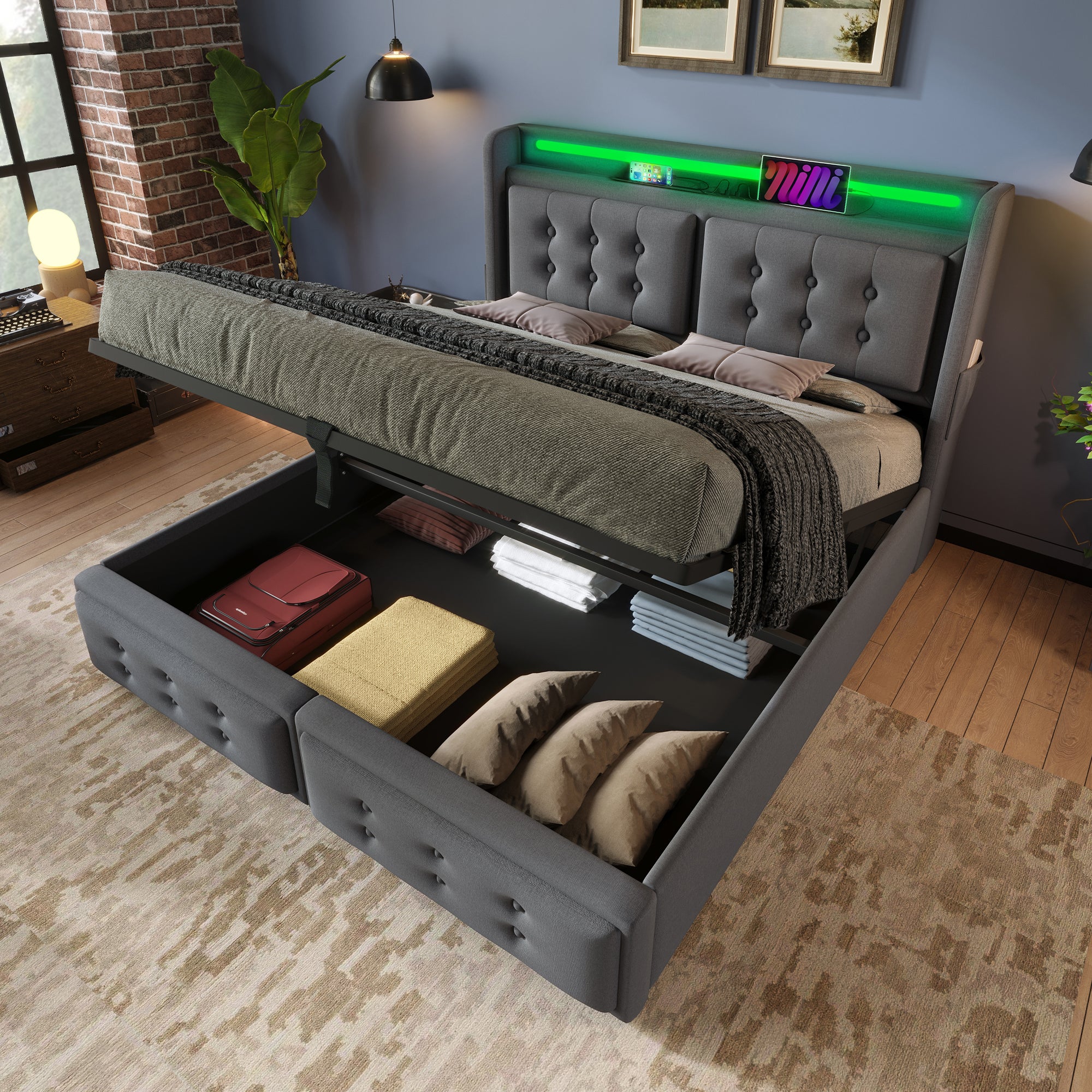 Lit coffre Lit double Lit adulte 140 x 200 cm avec tête de lit LED et ...