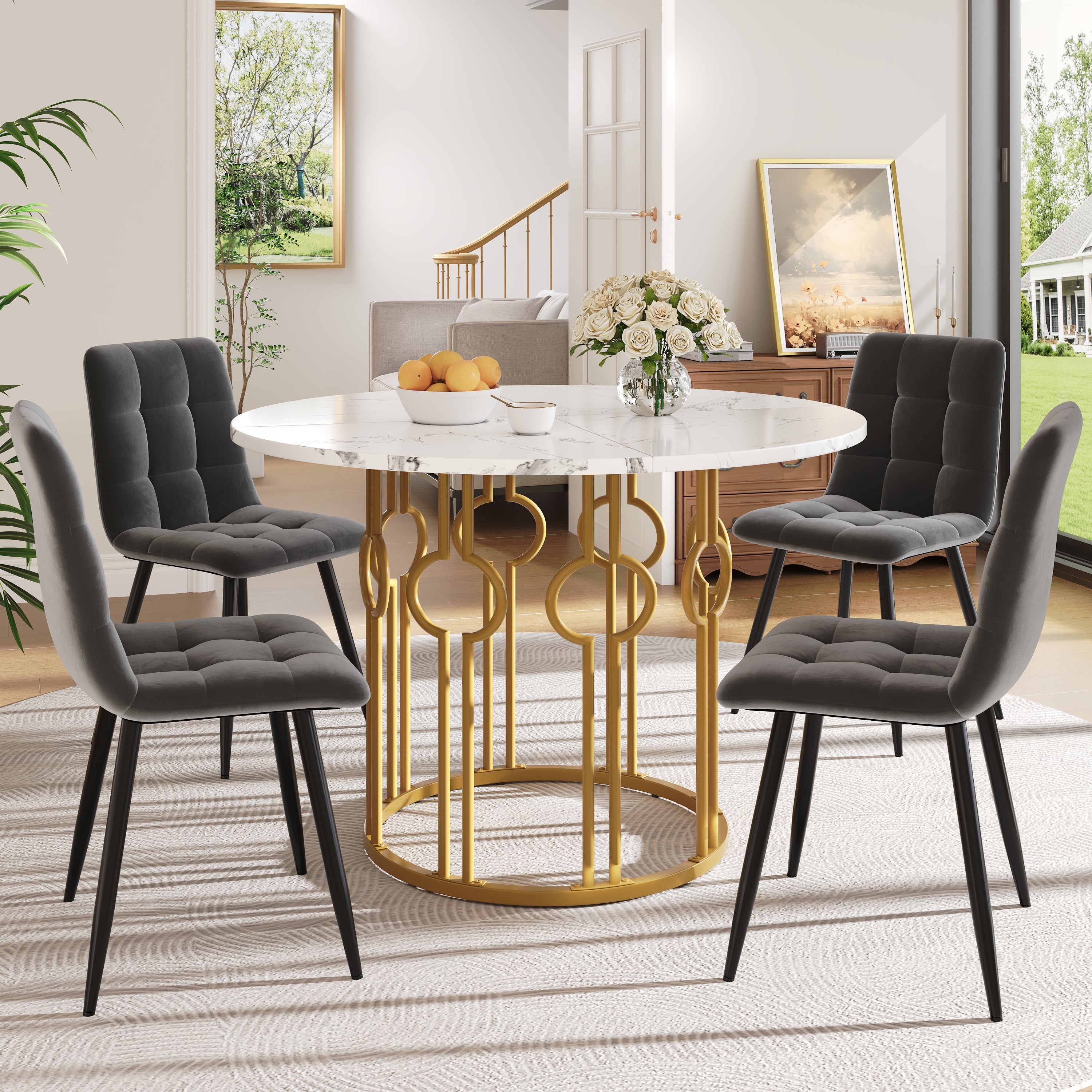 Ensemble table à manger ronde + 4 chaises en velours - D 100 x H 76 cm ...