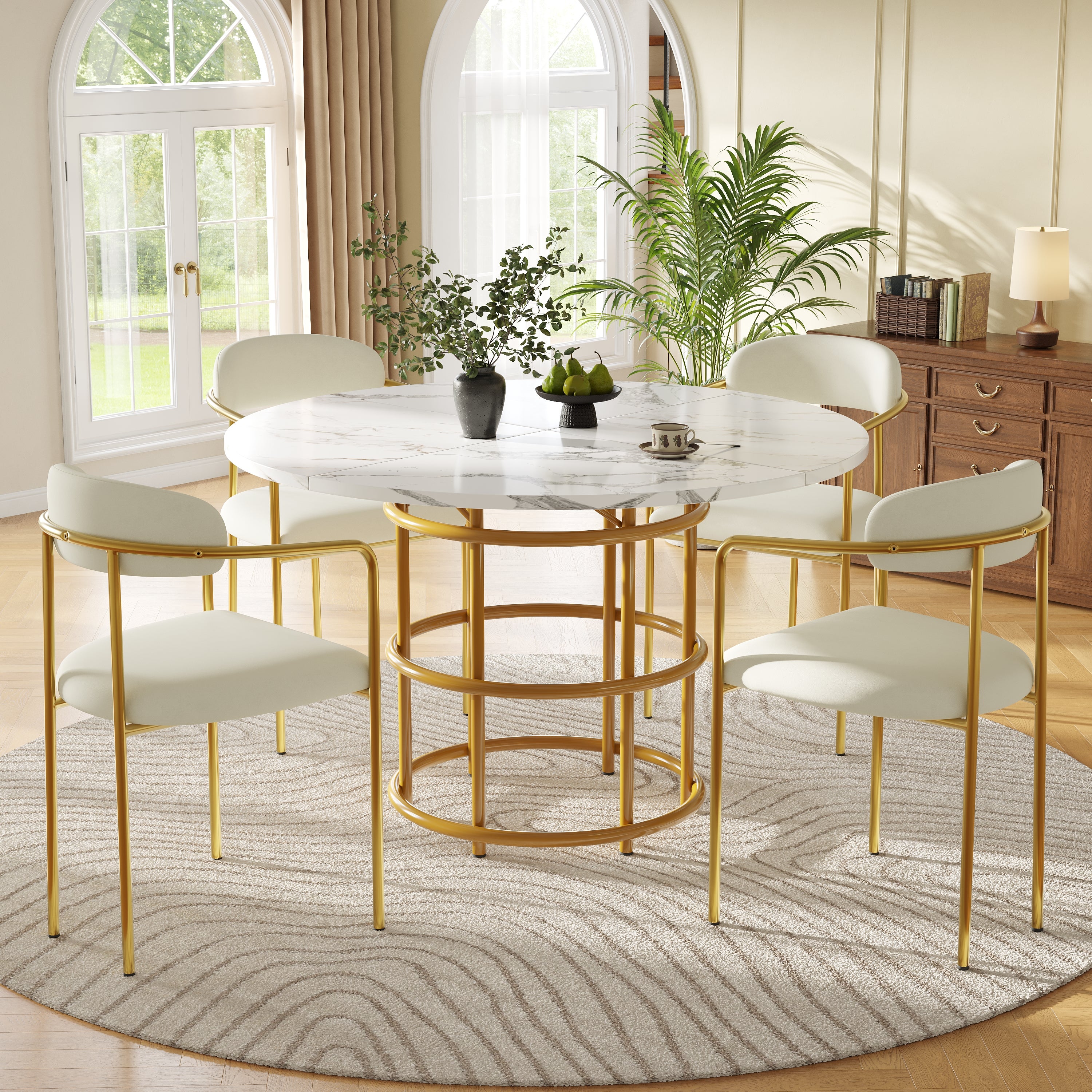 Ensemble table à manger ronde + 4 chaises en velours - D 100 x H 76 cm ...