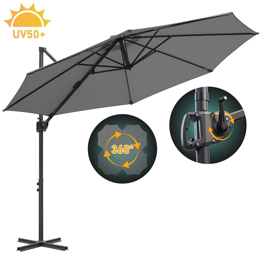 Parasol excentré Ø300 cm gris, orientable 360°, protection UV50+, toile ...