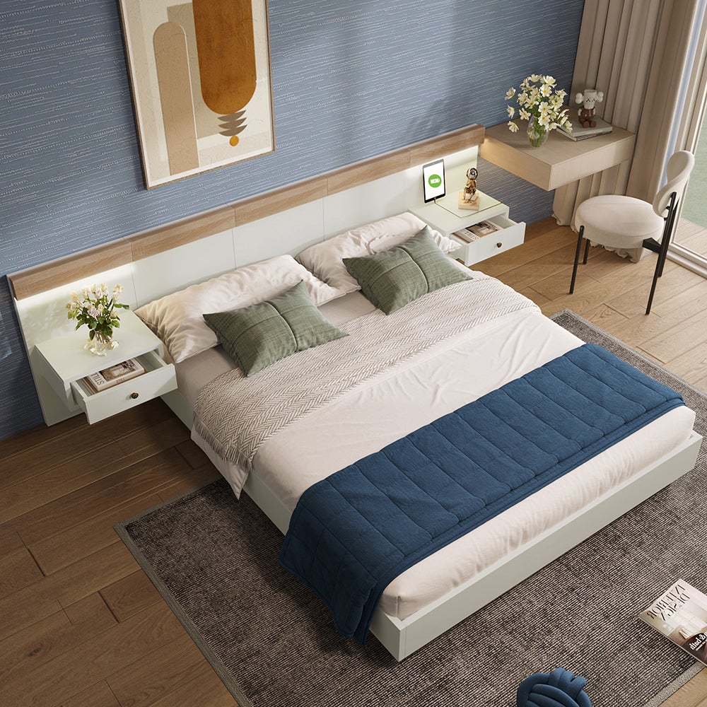 Lit adulte Lit double Ensemble lit avec 2 chevets LED prise USB 180x200 ...