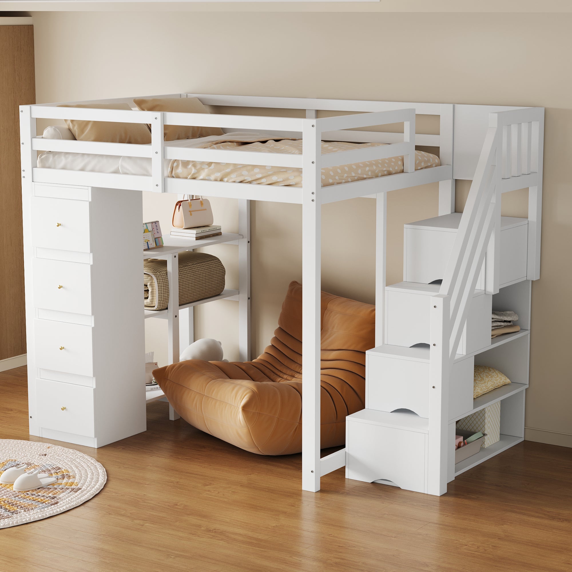 Lit mezzanine 140 x 200 cm avec 4 tiroirs, 4 portes et étagères de ...