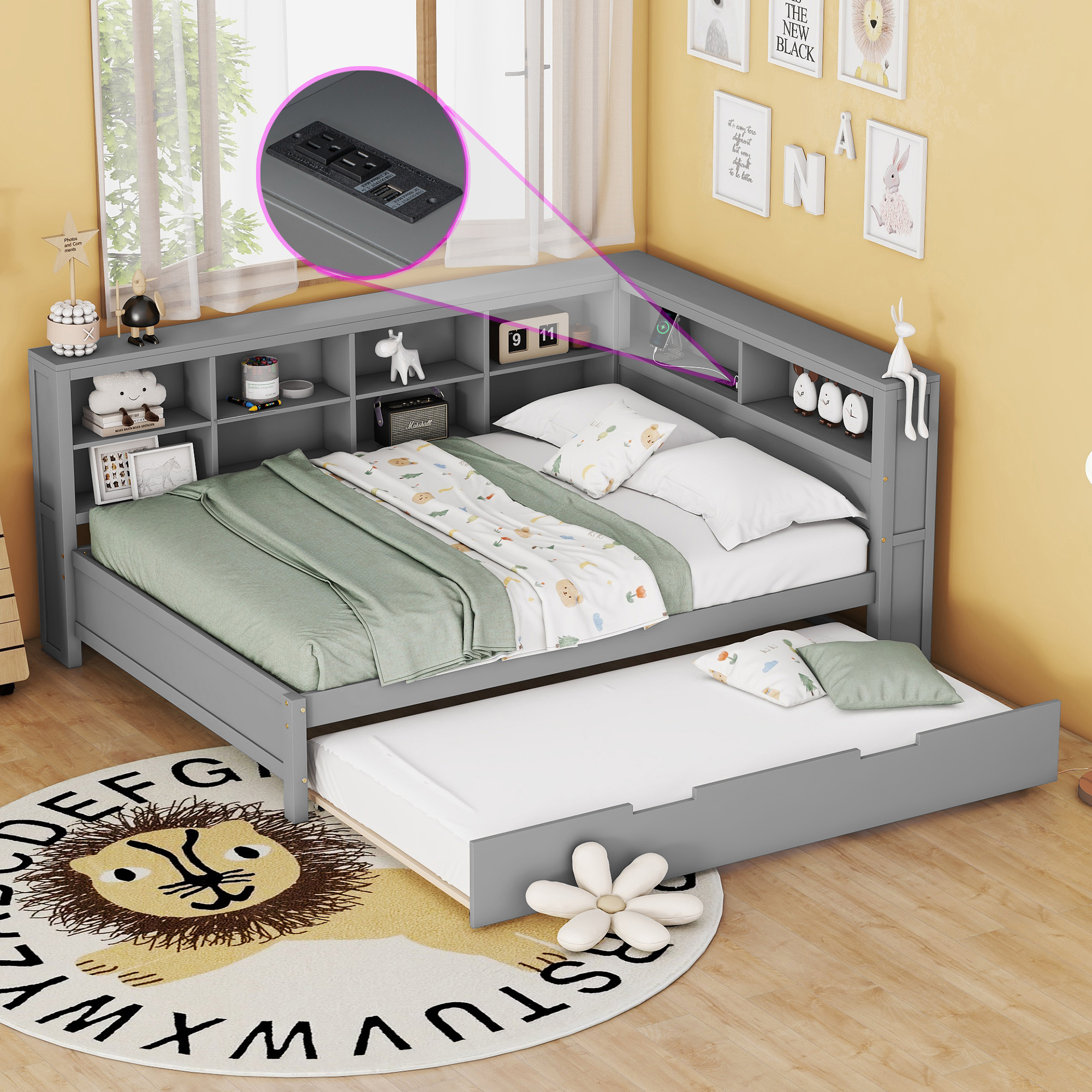 Lit gigogne 140 x 200 cm + 90 x 190 cm avec prise USB et rangements - bois massif - gris | Leroy ...