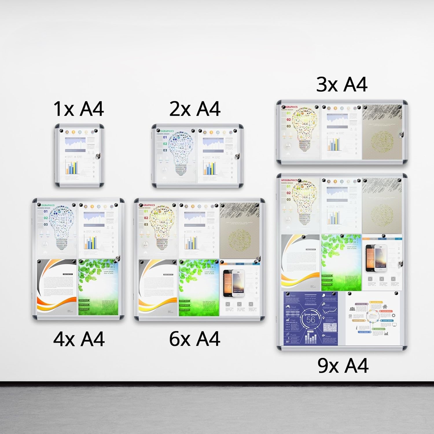 KARAT |Tableau d'affichage en aluminuim 12 x A4, vitrine d'affichage avec serrure à clé + 24 ...