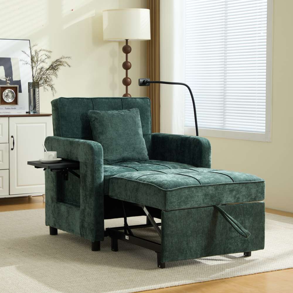 Sillón cama 2 en 1, 1 plaza, chenilla con cojines y bolsillos, mesita a ...