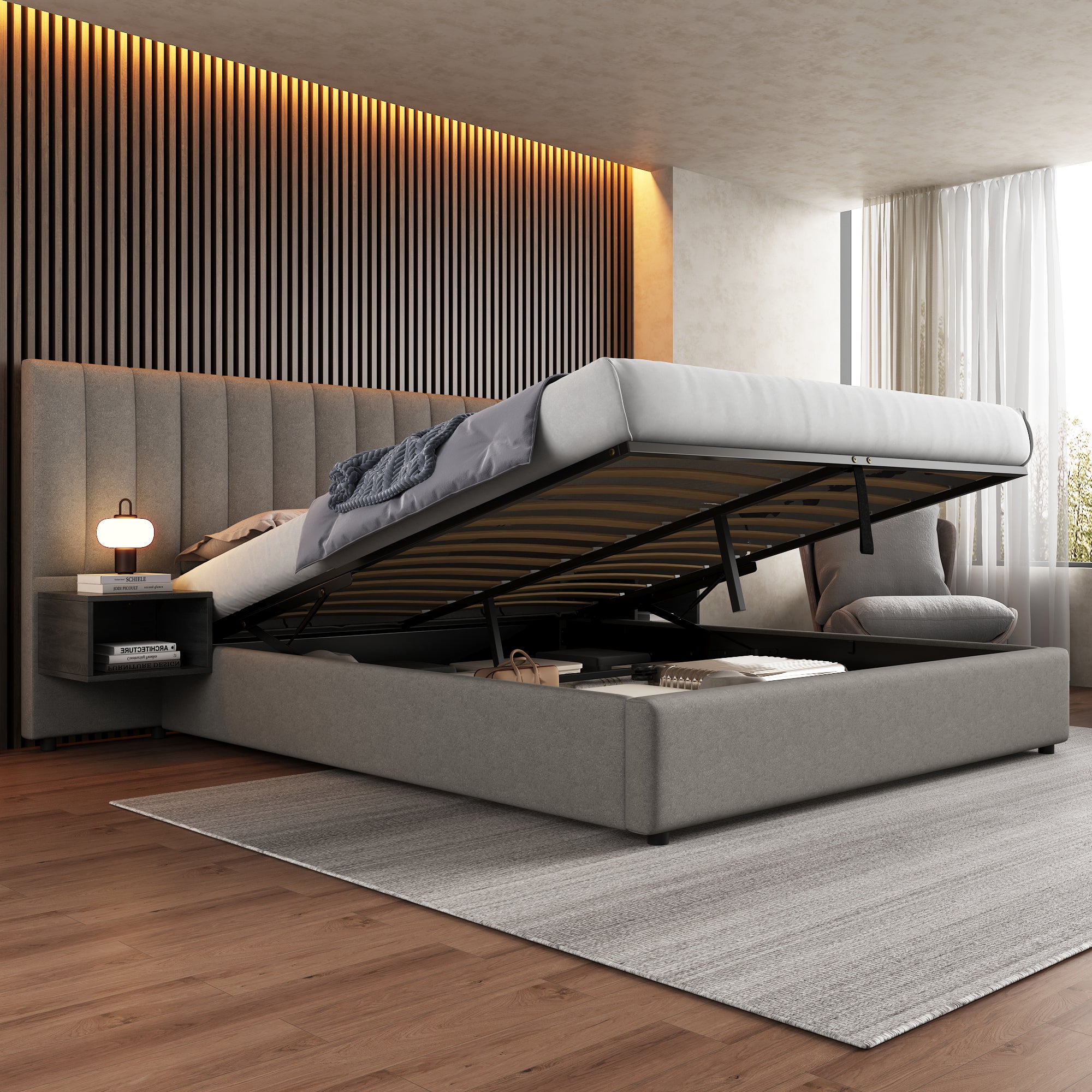 Cama contenedor 180 x 200 cm con cabecero grande y 2 mesitas de noche ...