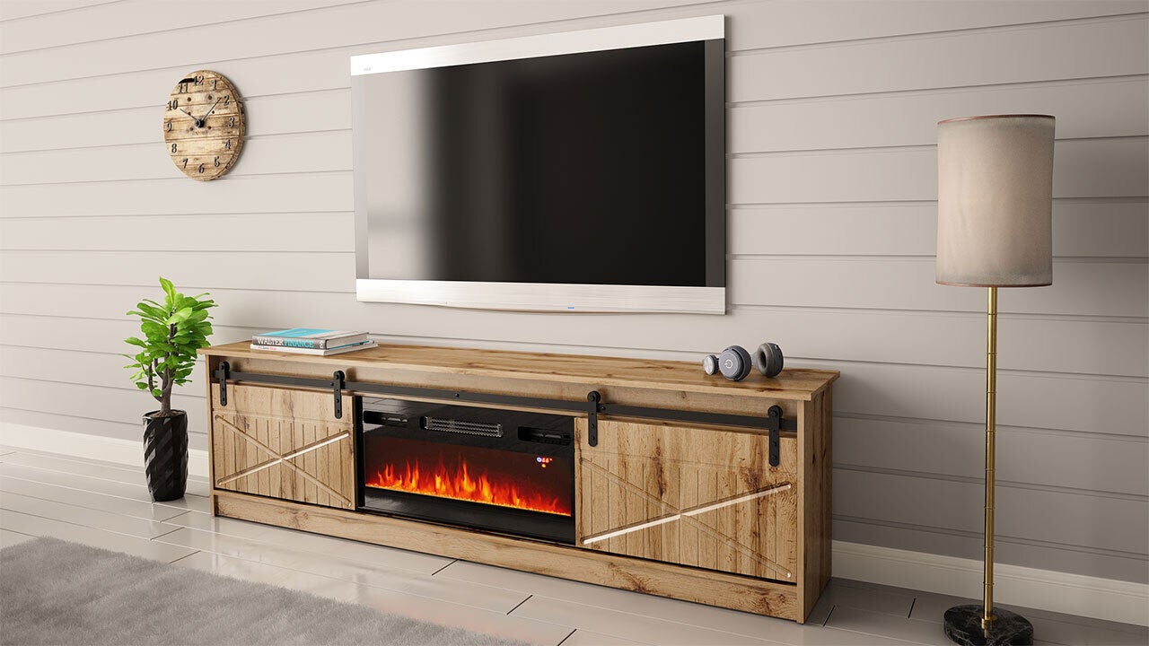 Meuble TV 200x57x35 cm couleur chêne Wotan GRANGE Avec Cheminée ...