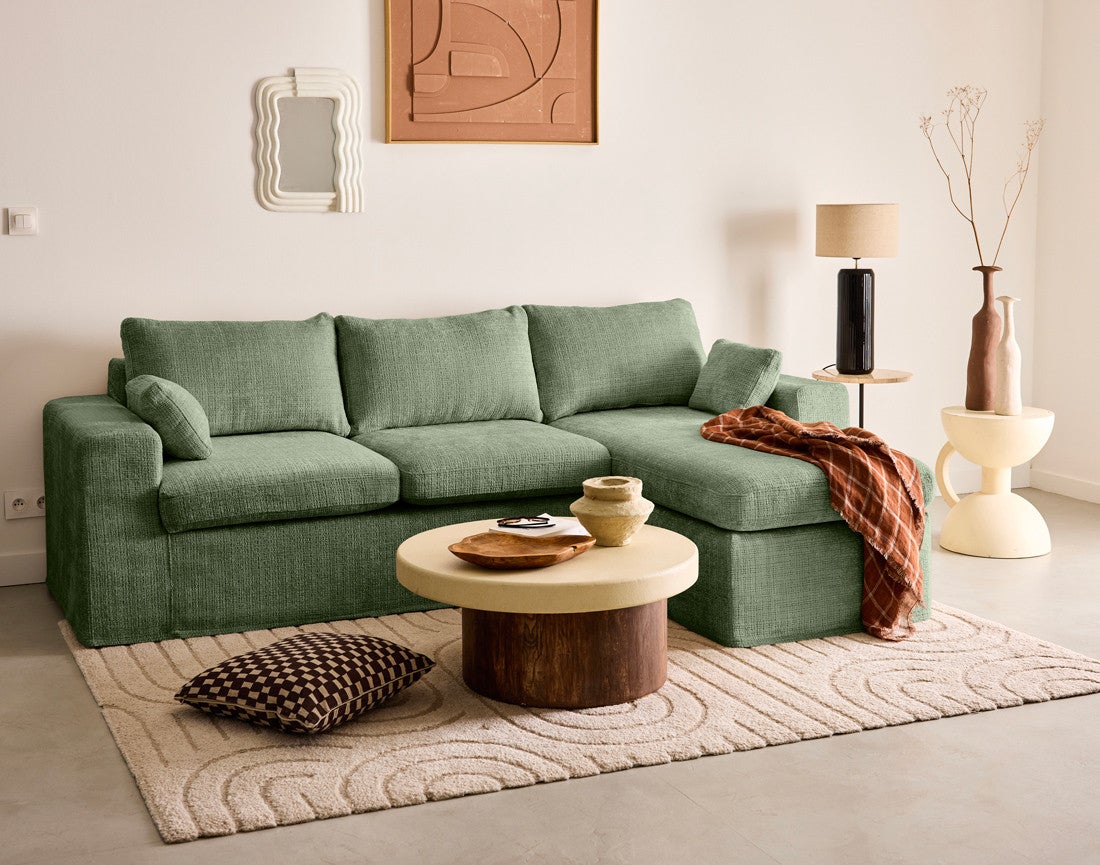 Canapé d'angle réversible 3 places en velours texturé vert sauge ...