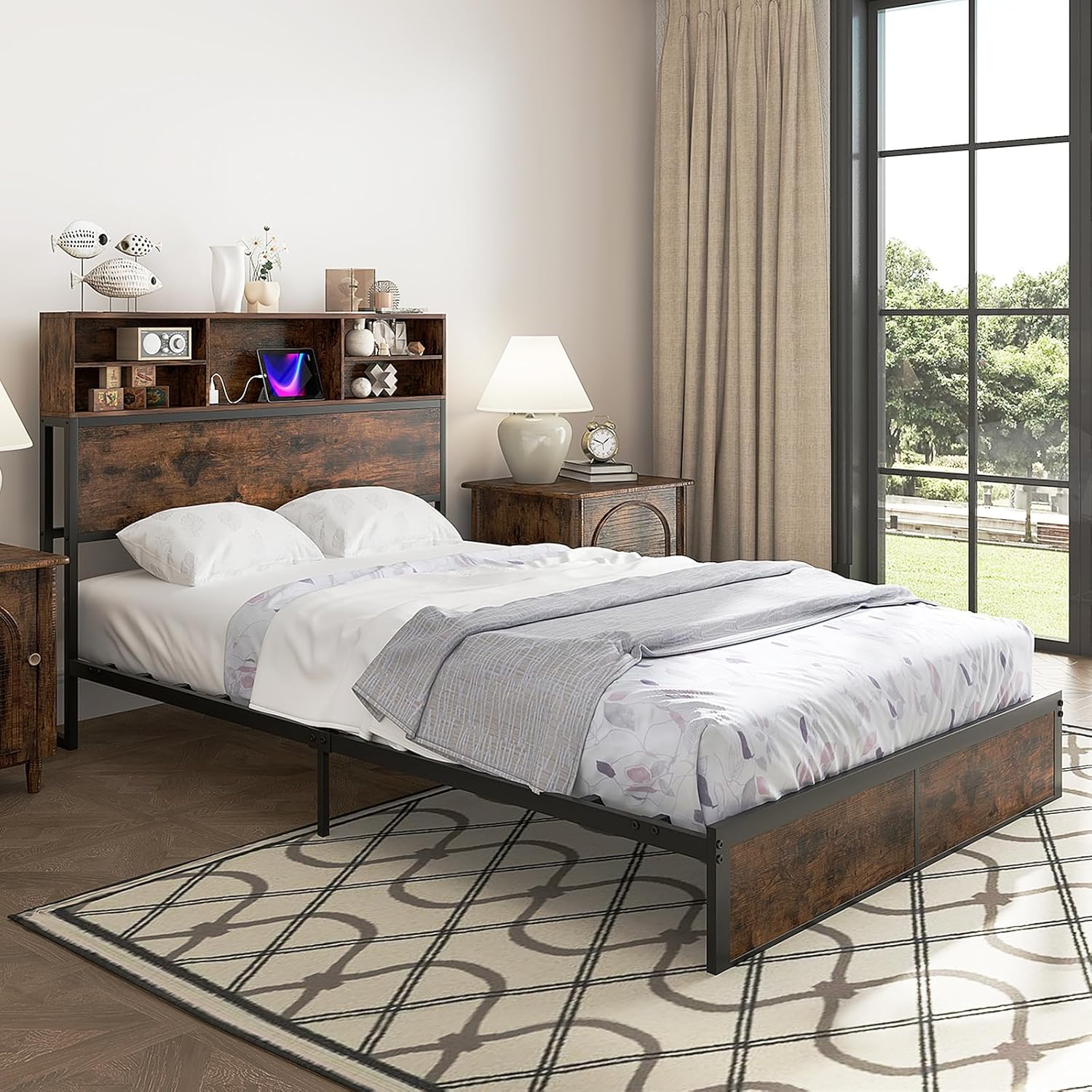 Lit Plateforme 140 x200CM, Lit avec Tête Bibliothèque et Station de ...