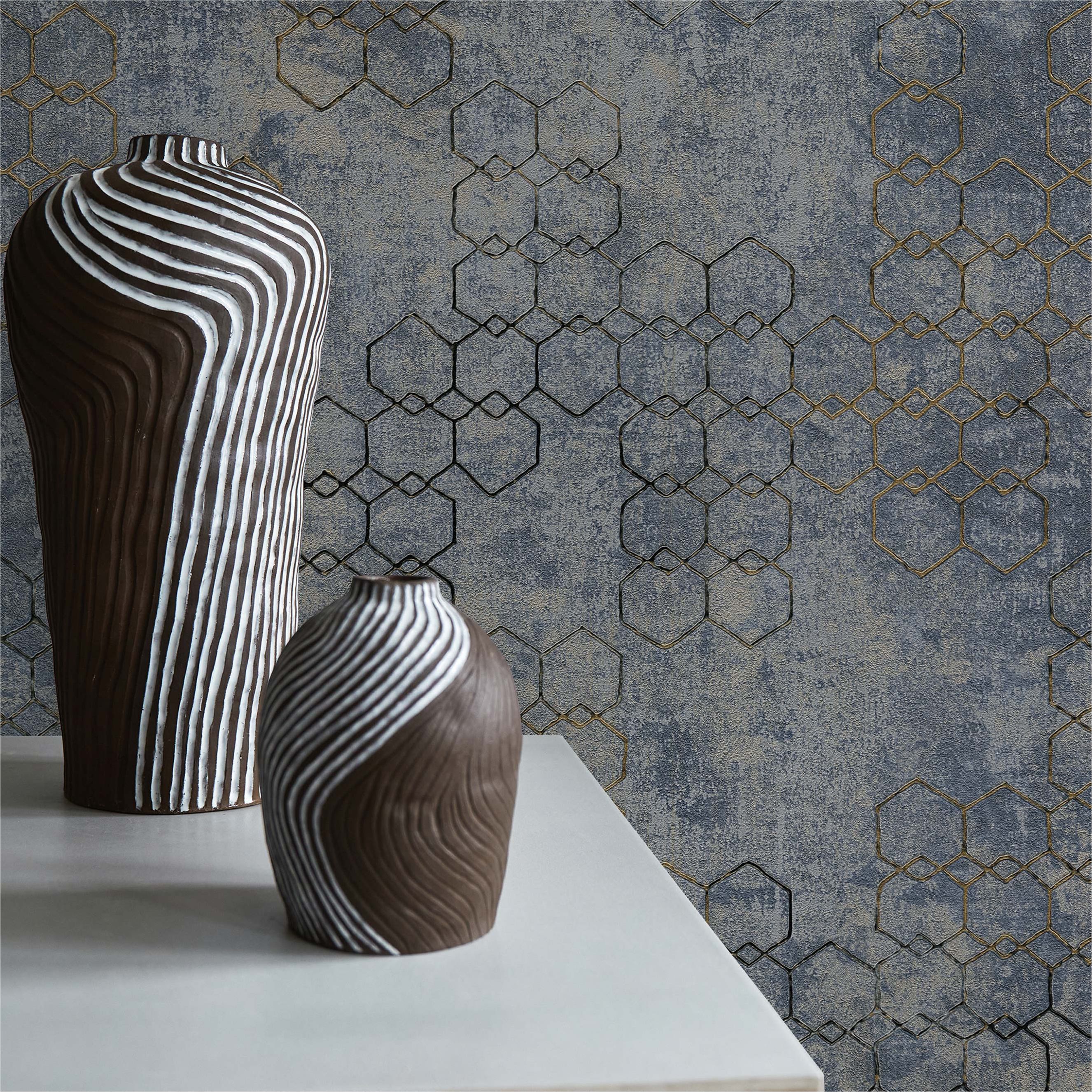 Papier Peint Graphique Carlo M1-No.423 Bleu Or Papier Peint Design ...