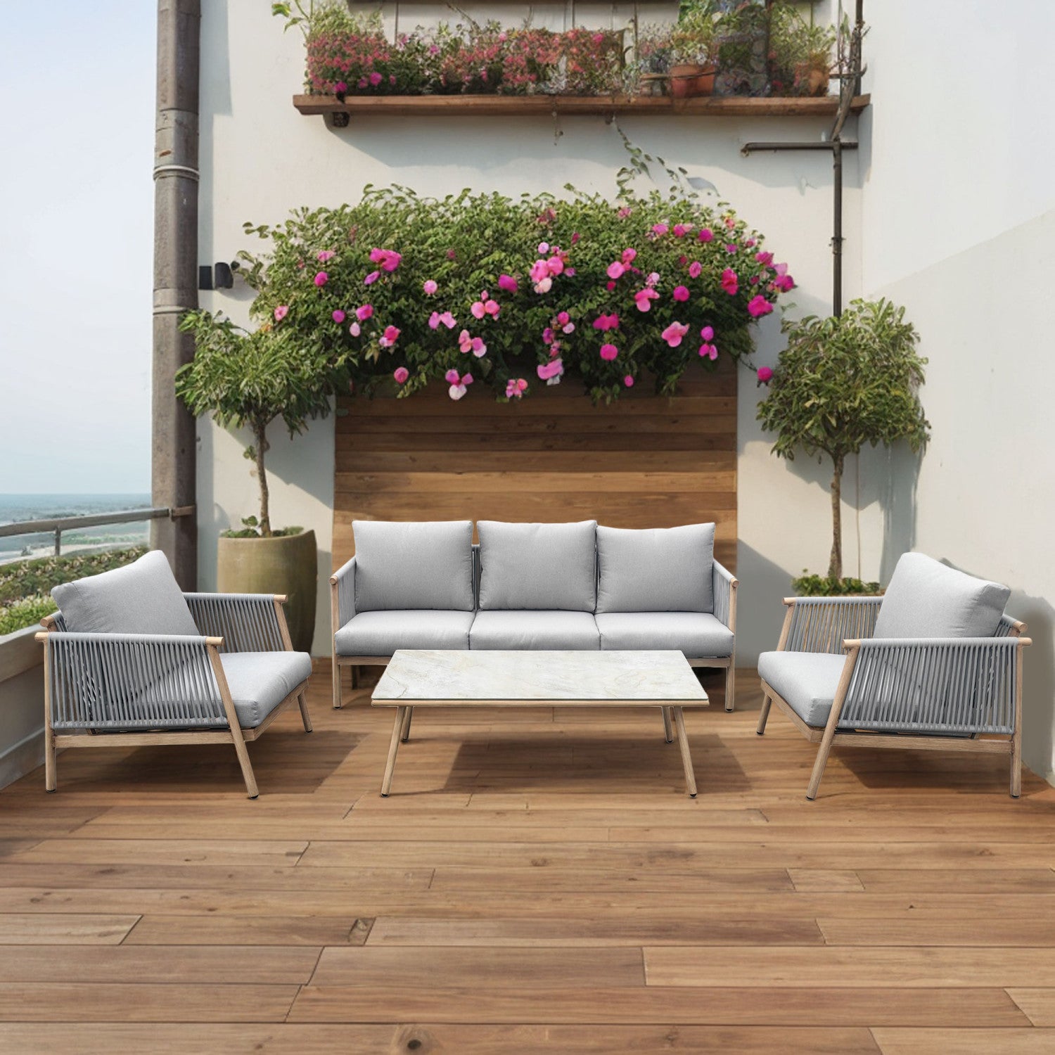 Salon de jardin design 5 places en aluminium et cordes - naturel et ...