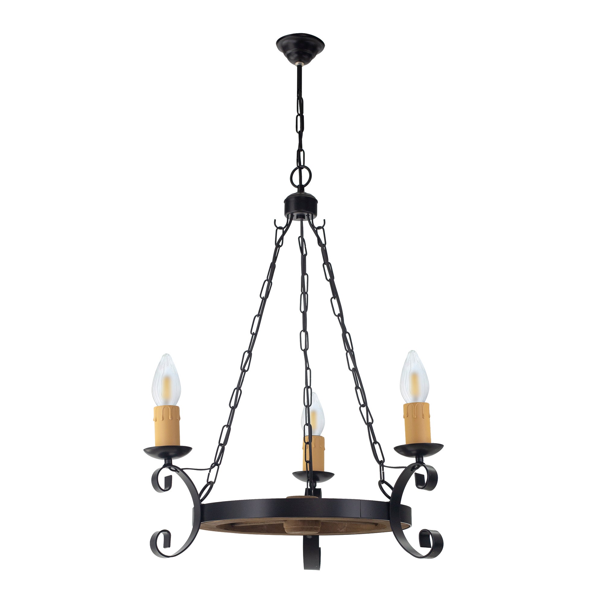 Lámpara de Techo Rústica de Madera y Meta Negro con 3 Velas | Serie ...