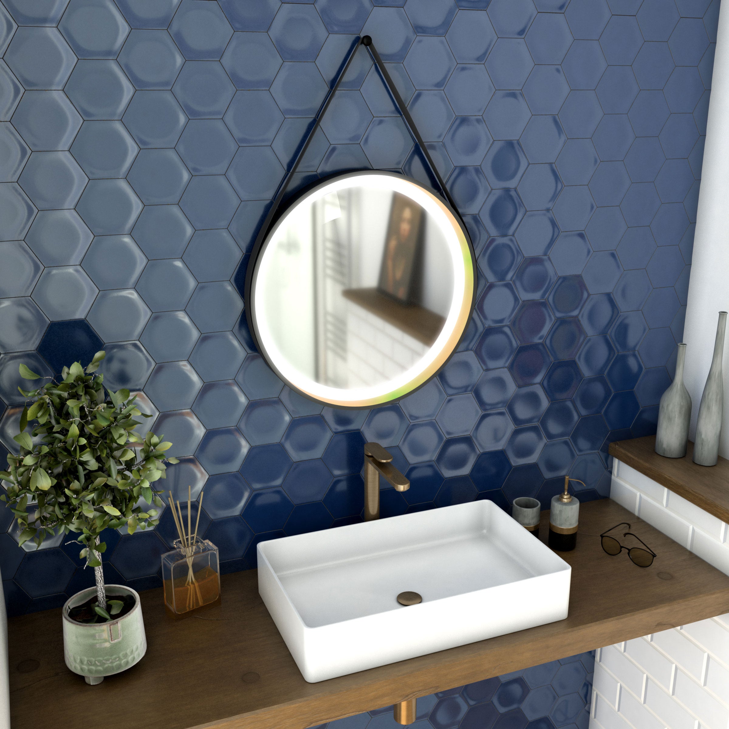 Espejo baño redondo Ø55 cm negro mate con acabado bronce LED | Leroy Merlin