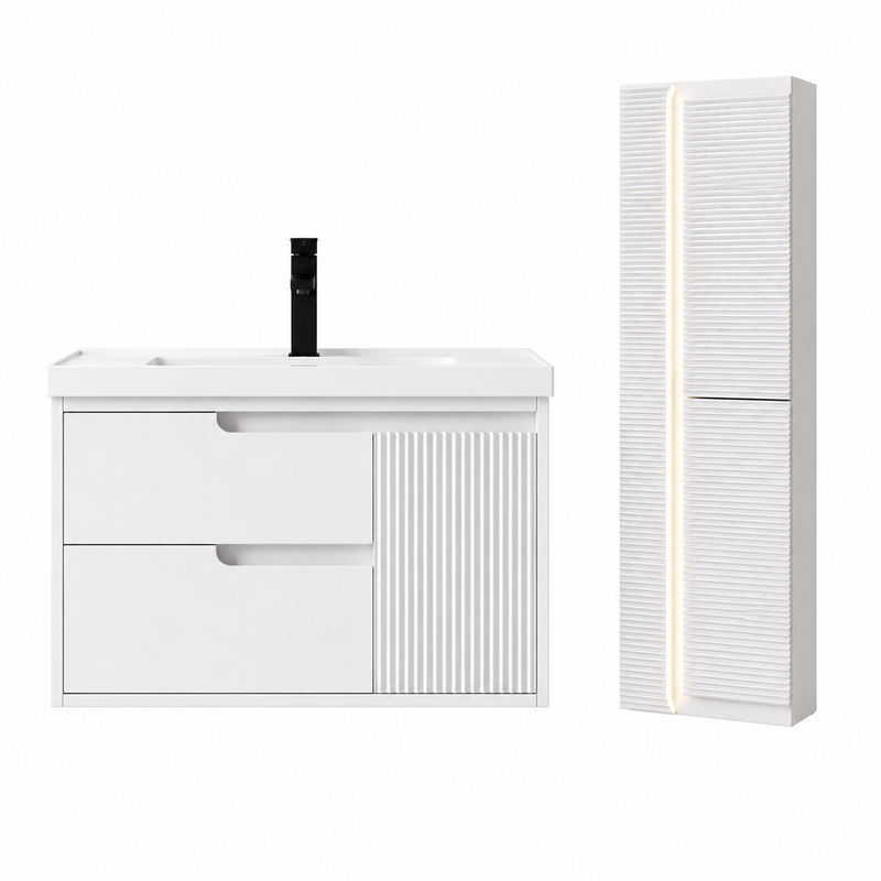 Mueble de baño con lavabo y armario alto - 80 cm - Blanco - SEREN ...