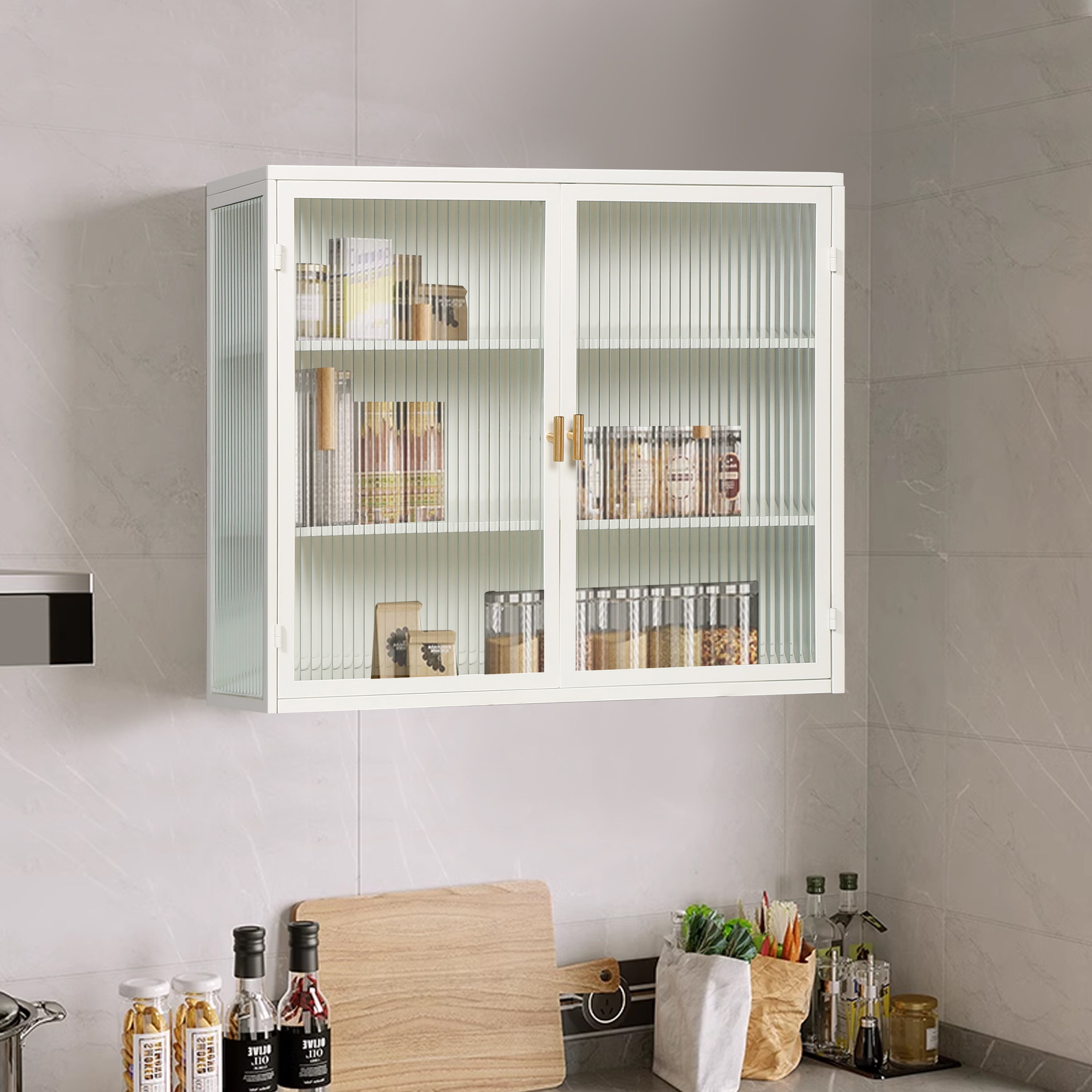 Armario de pared moderno blanco: 2 puertas de cristal (70 cm) + 3 ...