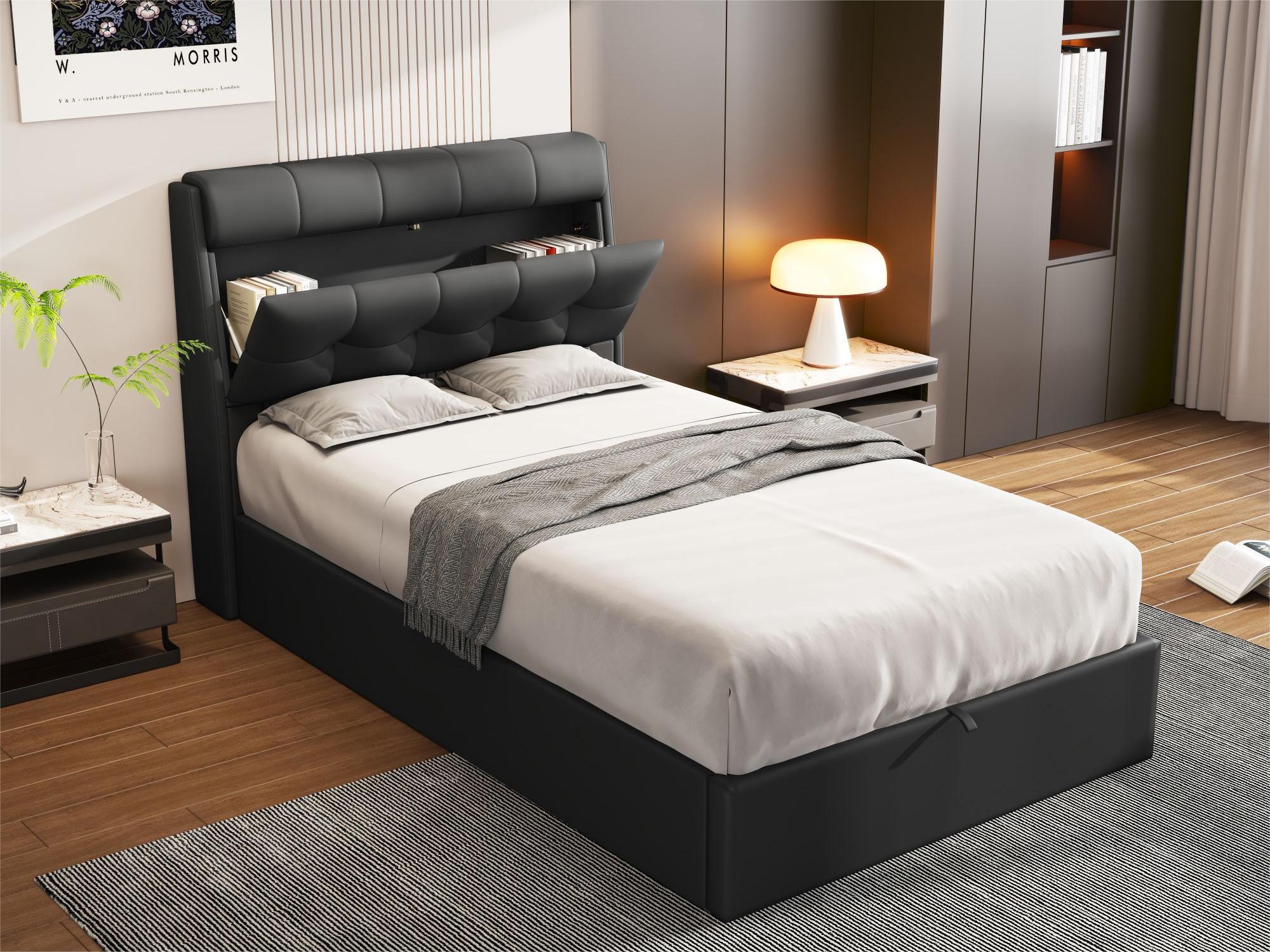 Cama con almacenaje de piel sintética de 90x200 cm - con cabecero con ...