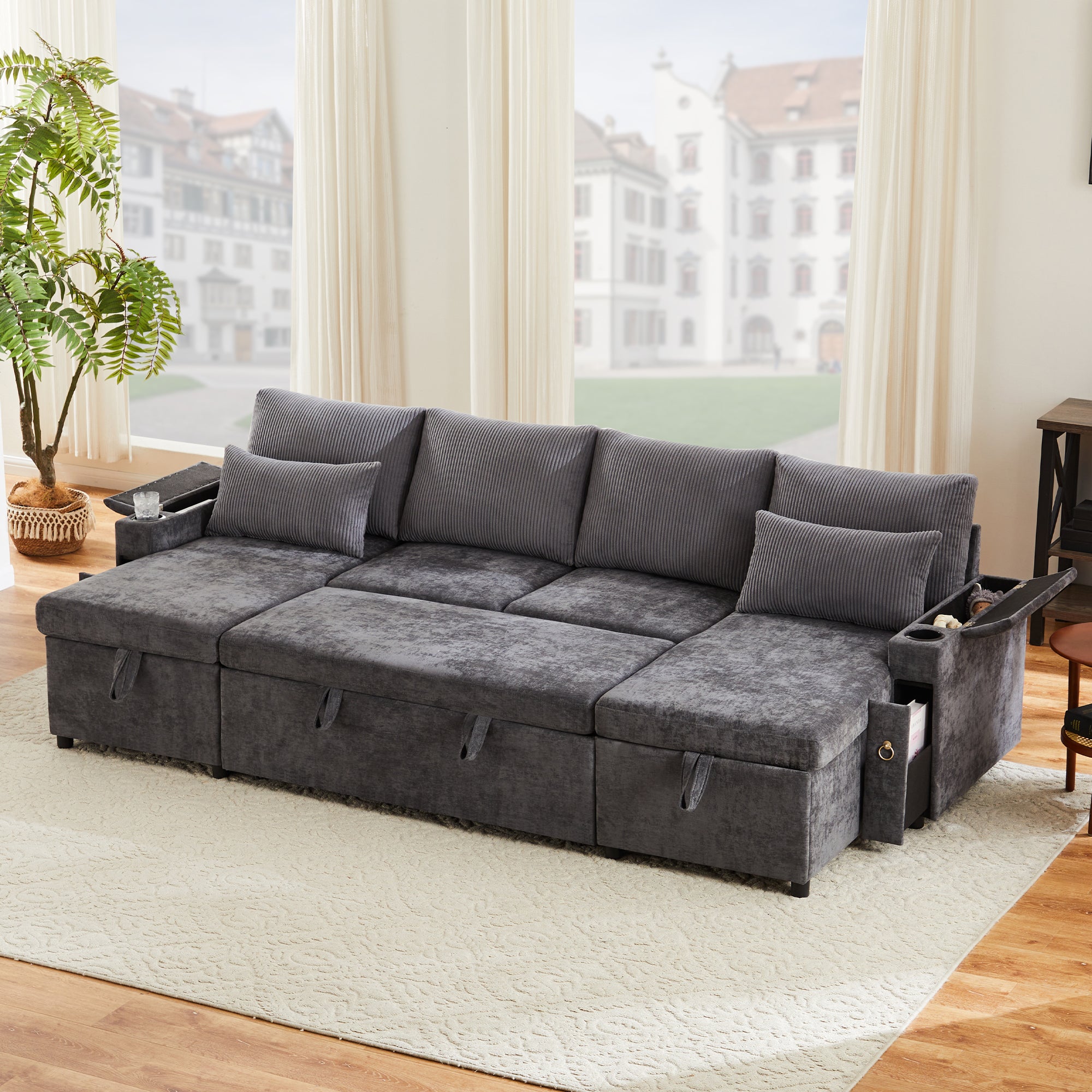 Canapé-lit U 4 places, porte-gobelets, rangement, fonction couchage ...