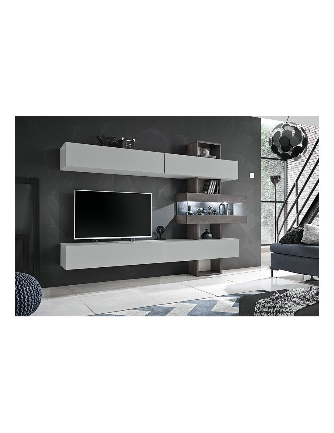 Ensemble salon TOKO. Composition TV murale coloris blanc et bois. LED incluses. | Leroy Merlin