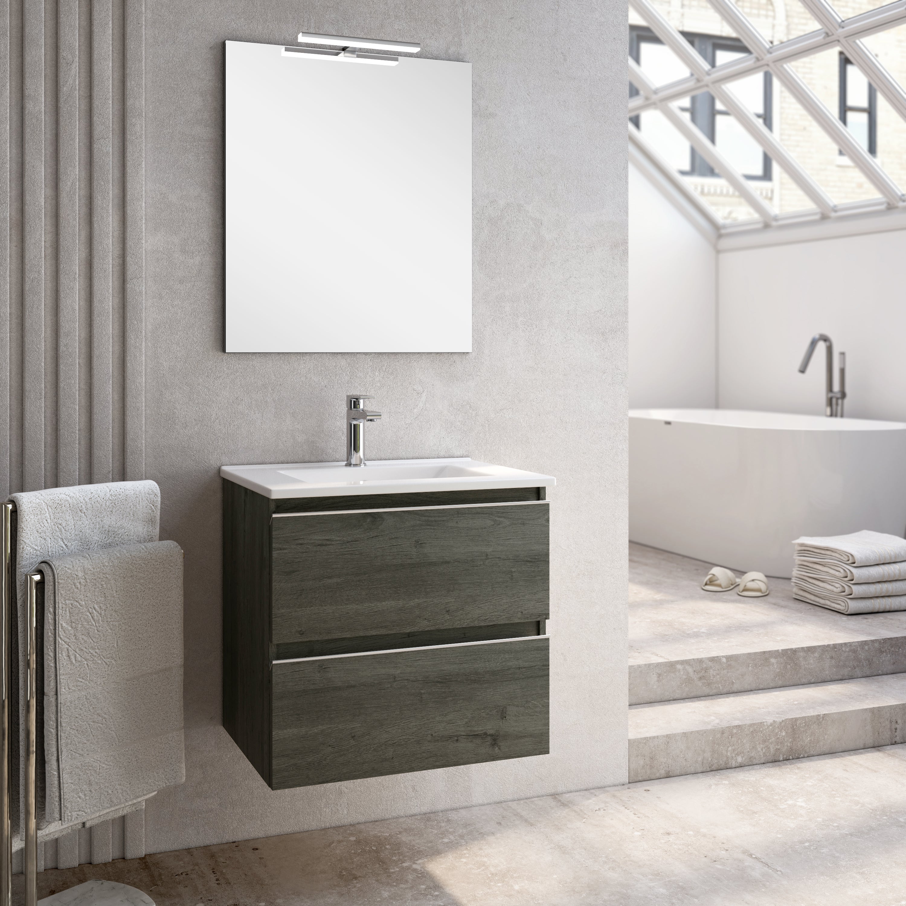 EGORE Pack Meuble de salle de bain avec lavabo + Miroir ROMA 2 Tiroirs Ébène 70x45 cm | Leroy Merlin