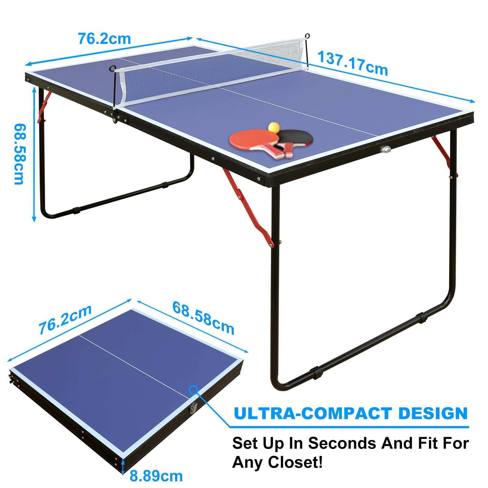 Mesa ping pong azul plegable con red y palas, para interior/exterior ...