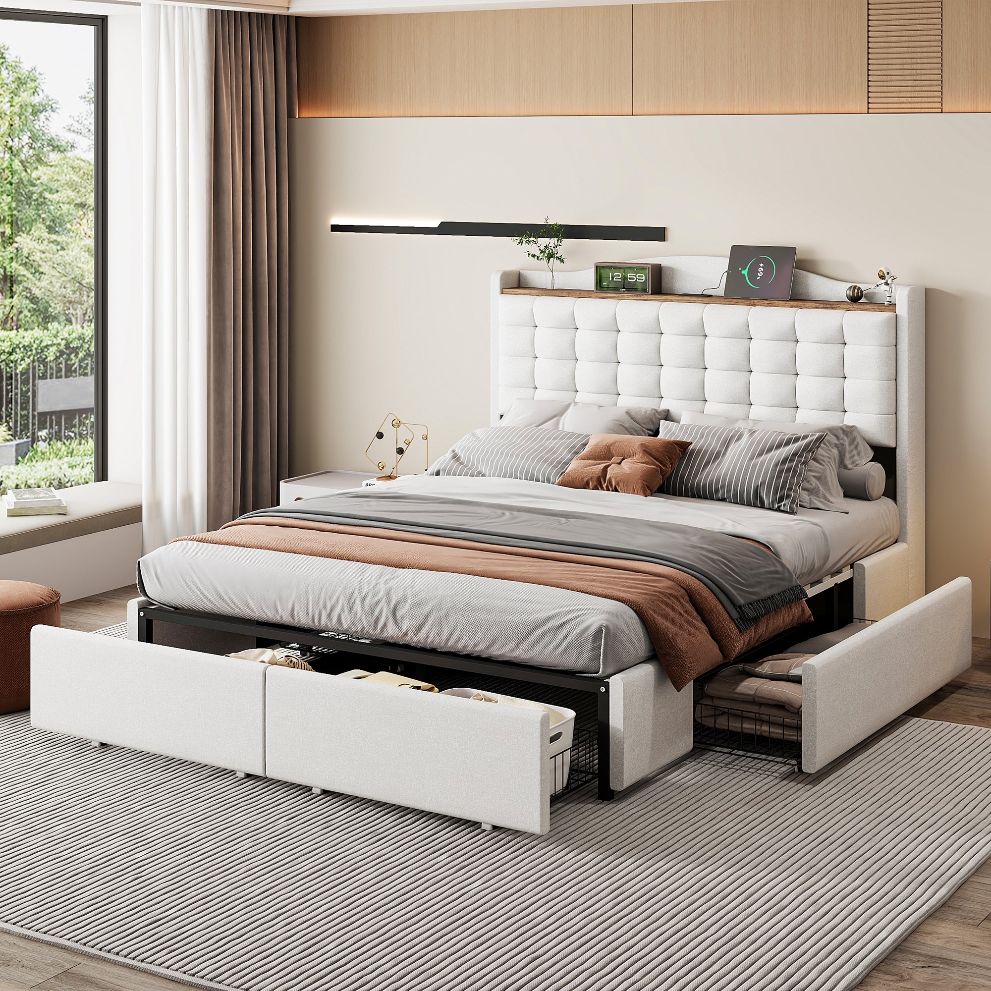 Lit Adulte 140×200 cm - Tête avec USB & rangement - 4 Tiroirs - Sommier ...