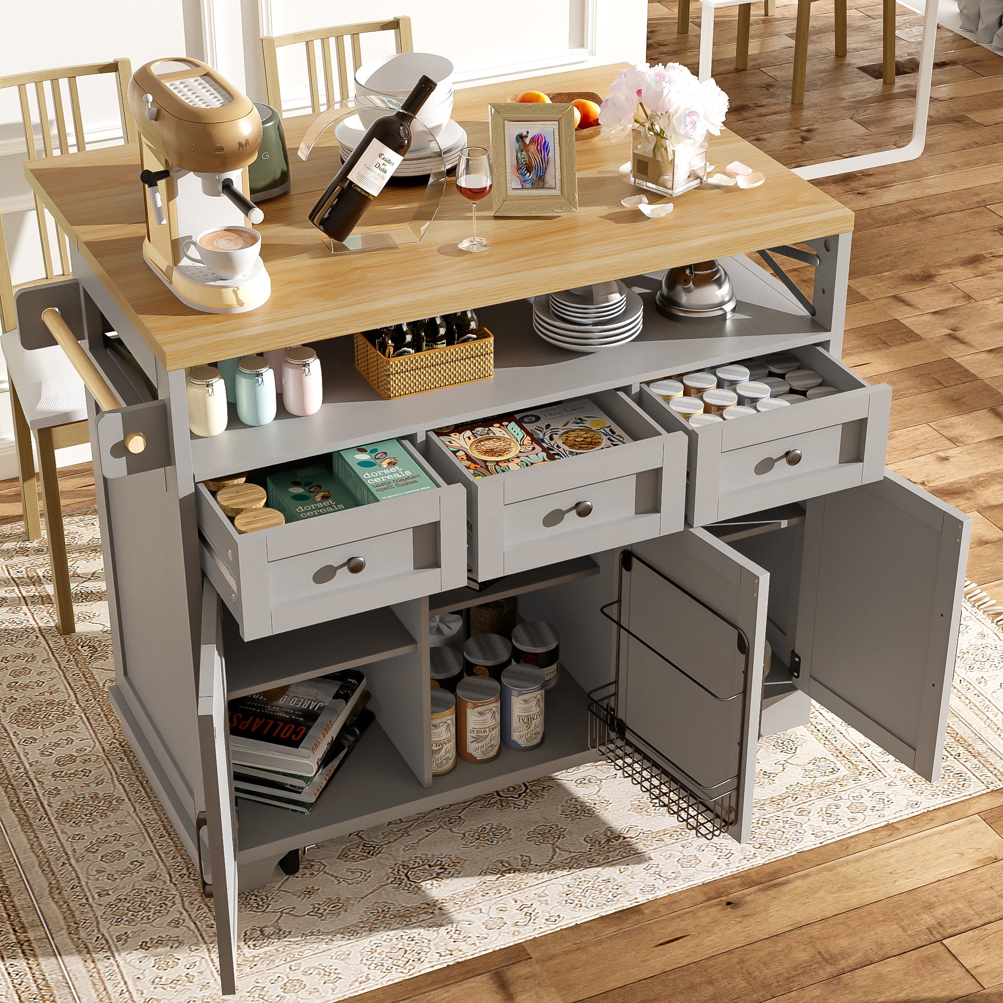 Ilot central de cuisine mobile avec 3 portes, 3 tiroirs et 1 ...