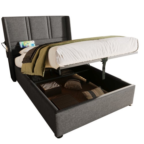 Lit simple avec rangement, port USB/type-C, poches latérales ...