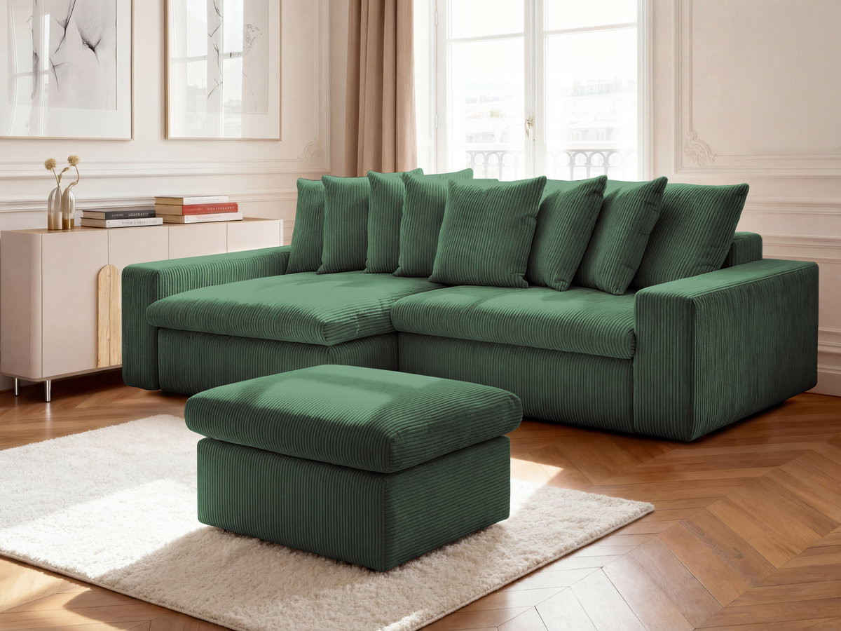 BOBOCHIC Canapé d'angle fixe ENORE velours côtelé avec pouf Vert foncé ...
