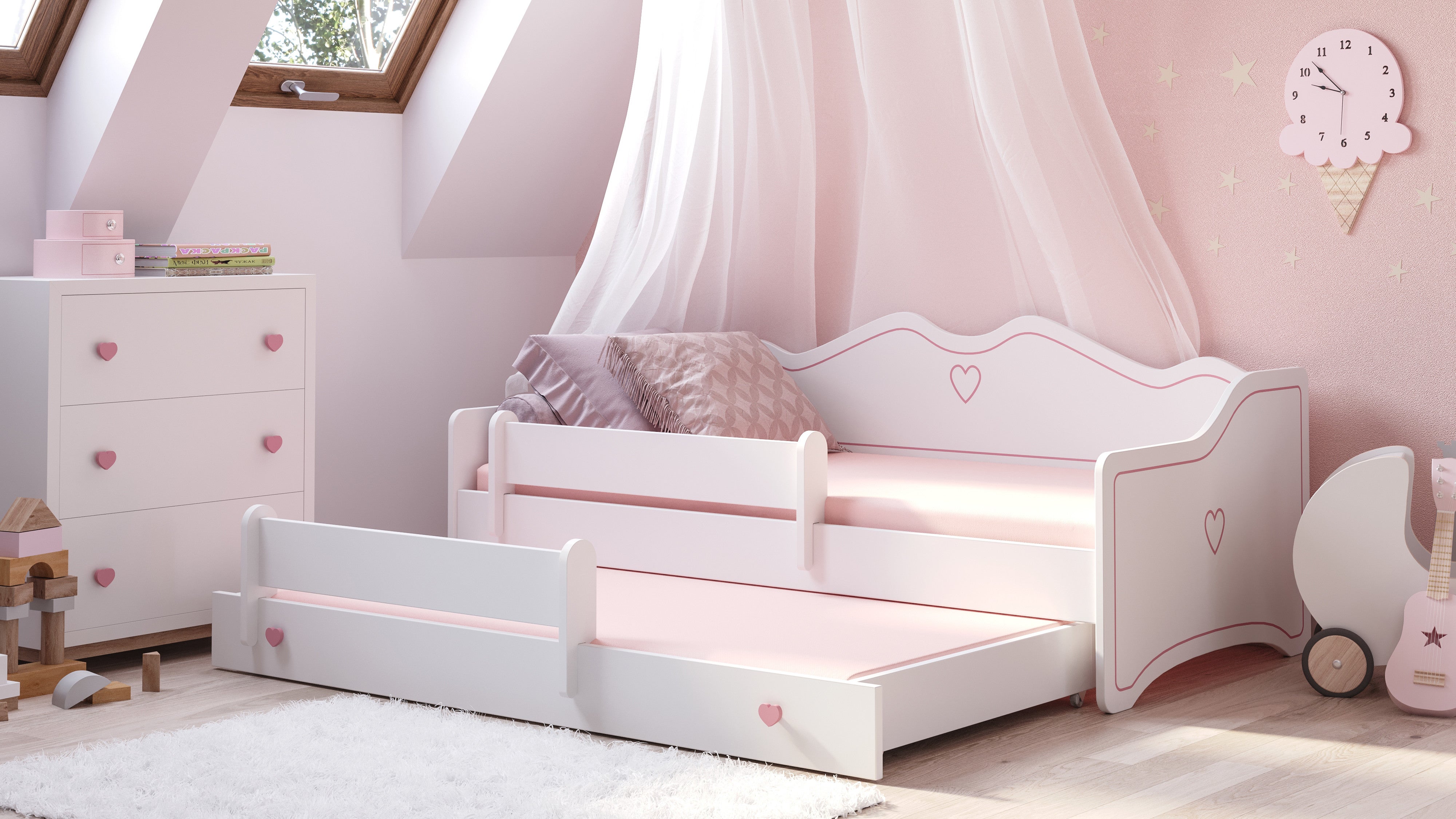 Lit gigogne EMY 2*160x80cm avec matelas - rose - coeur | Leroy Merlin