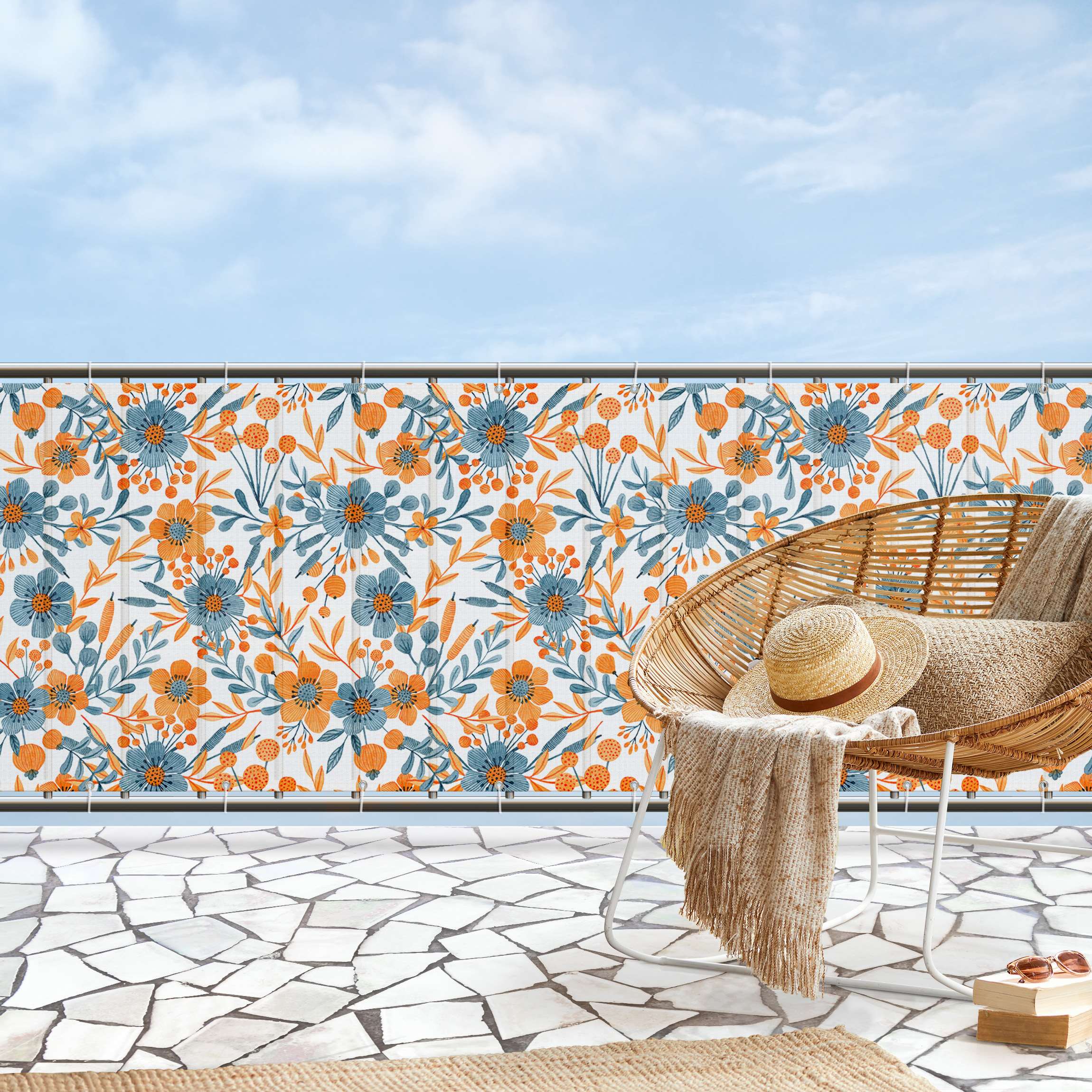 Brise-vue pour balcon - Fleurs en bleu orange sur blanc 650 x 75 cm ...