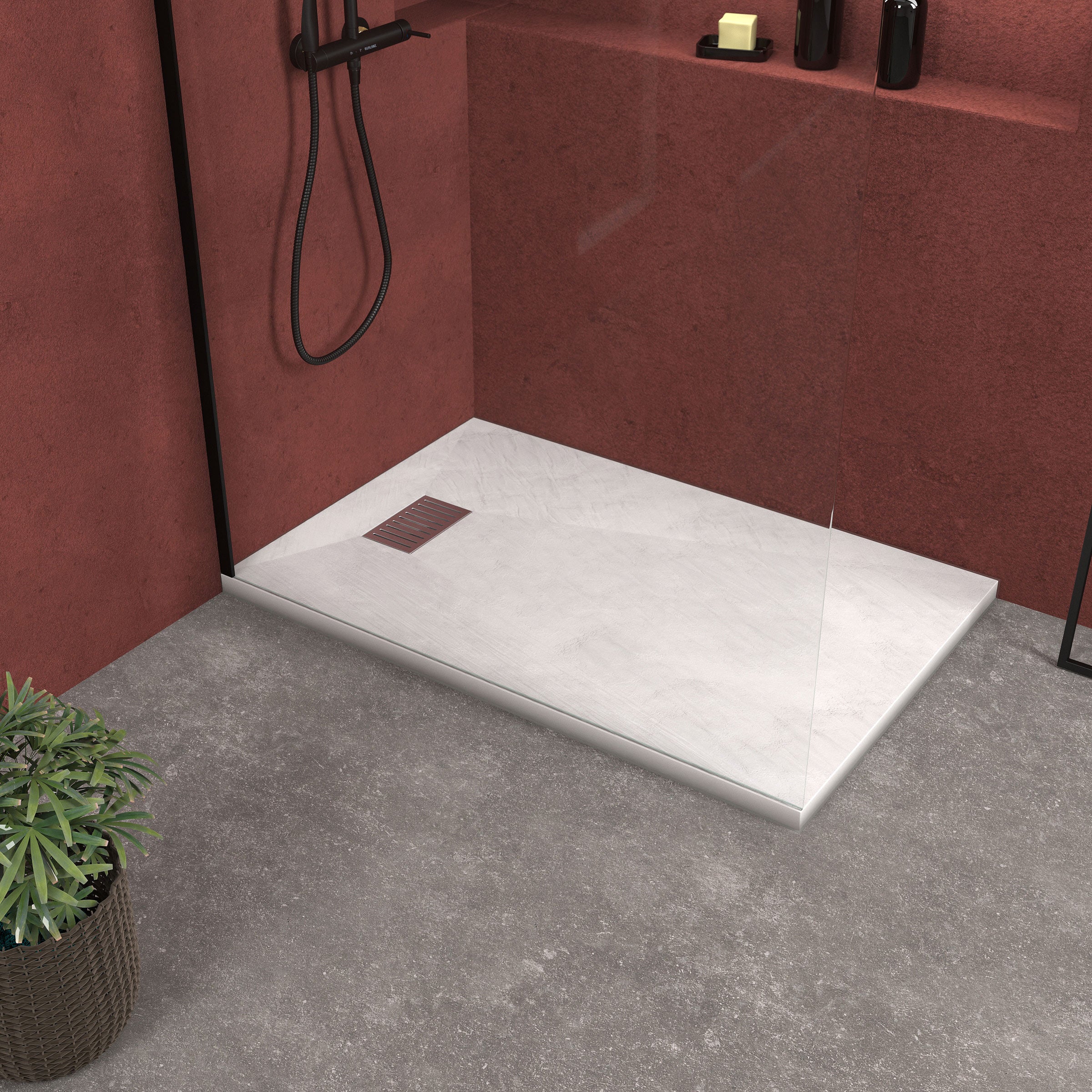 Plato Ducha Blanco Efecto Piedra 80x120cm y Rejilla patrón Lineal Inox ...