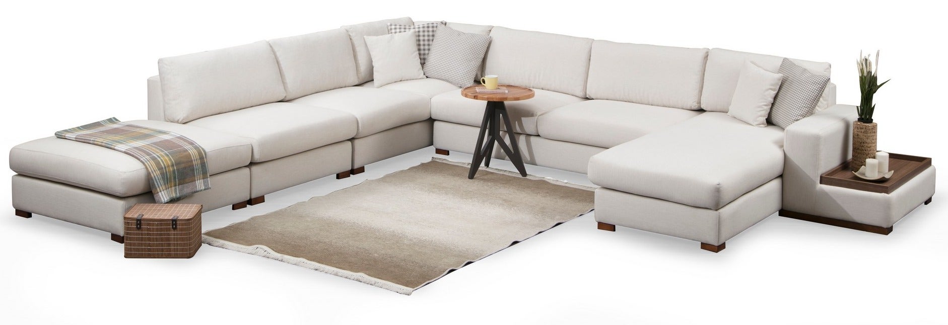 Canapé panoramique tissu beige clair avec étagère en bois et grande ...