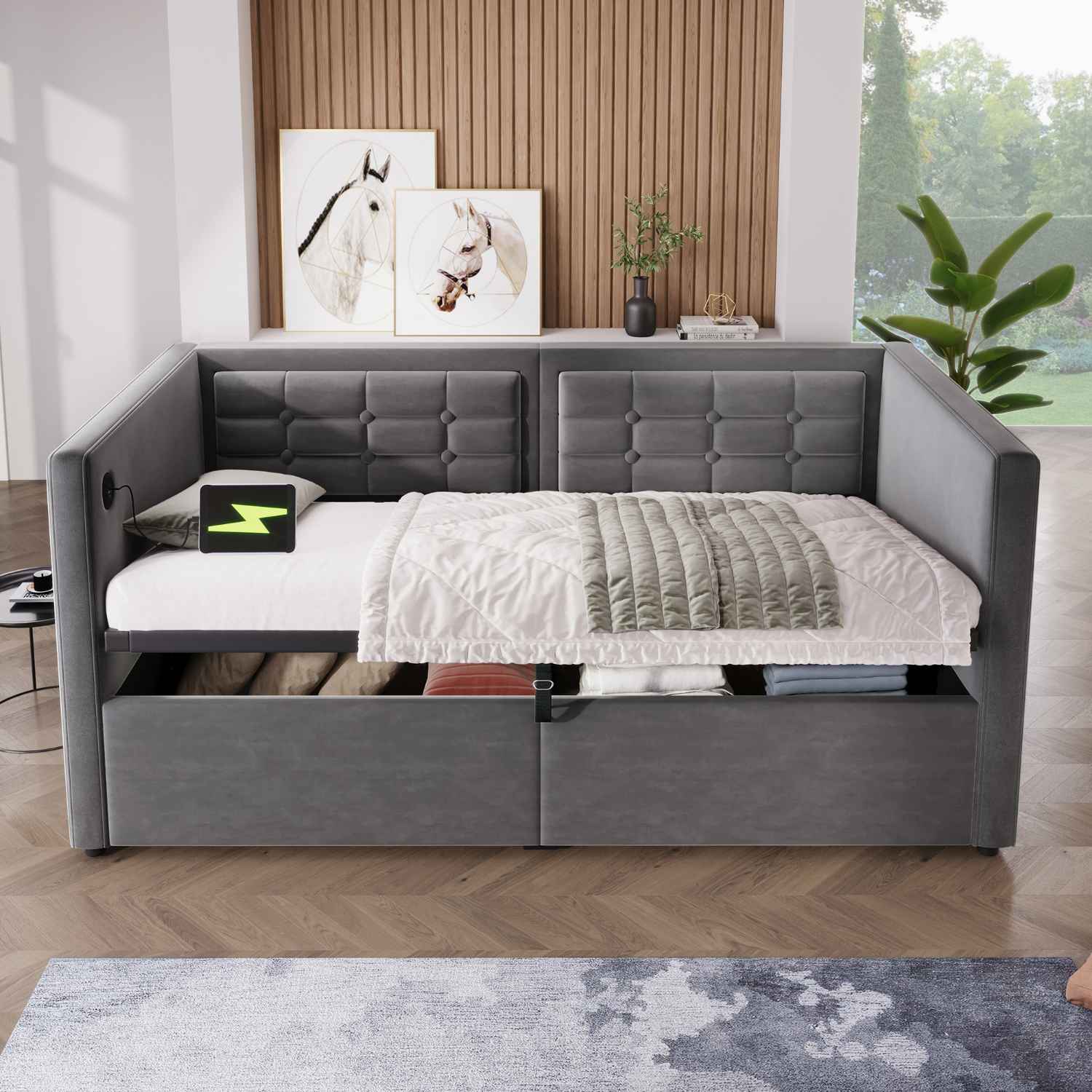 Lit Banquette 90x200 cm en Velours avec Coffre Hydraulique, Chargeur ...