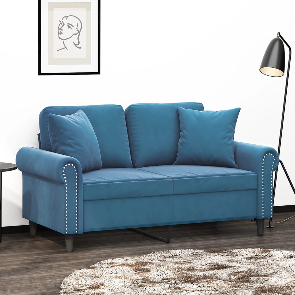 Sofá de 2 plazas con cojines decorativos azules 120 cm de terciopelo ...
