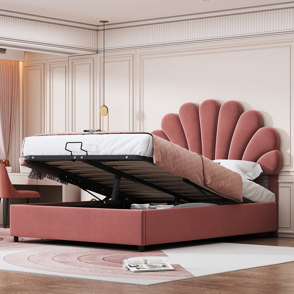 Lit d'enfant 140x200 cm Lit double avec 2 compartiments de rangement Lit d'invité velours rose ...