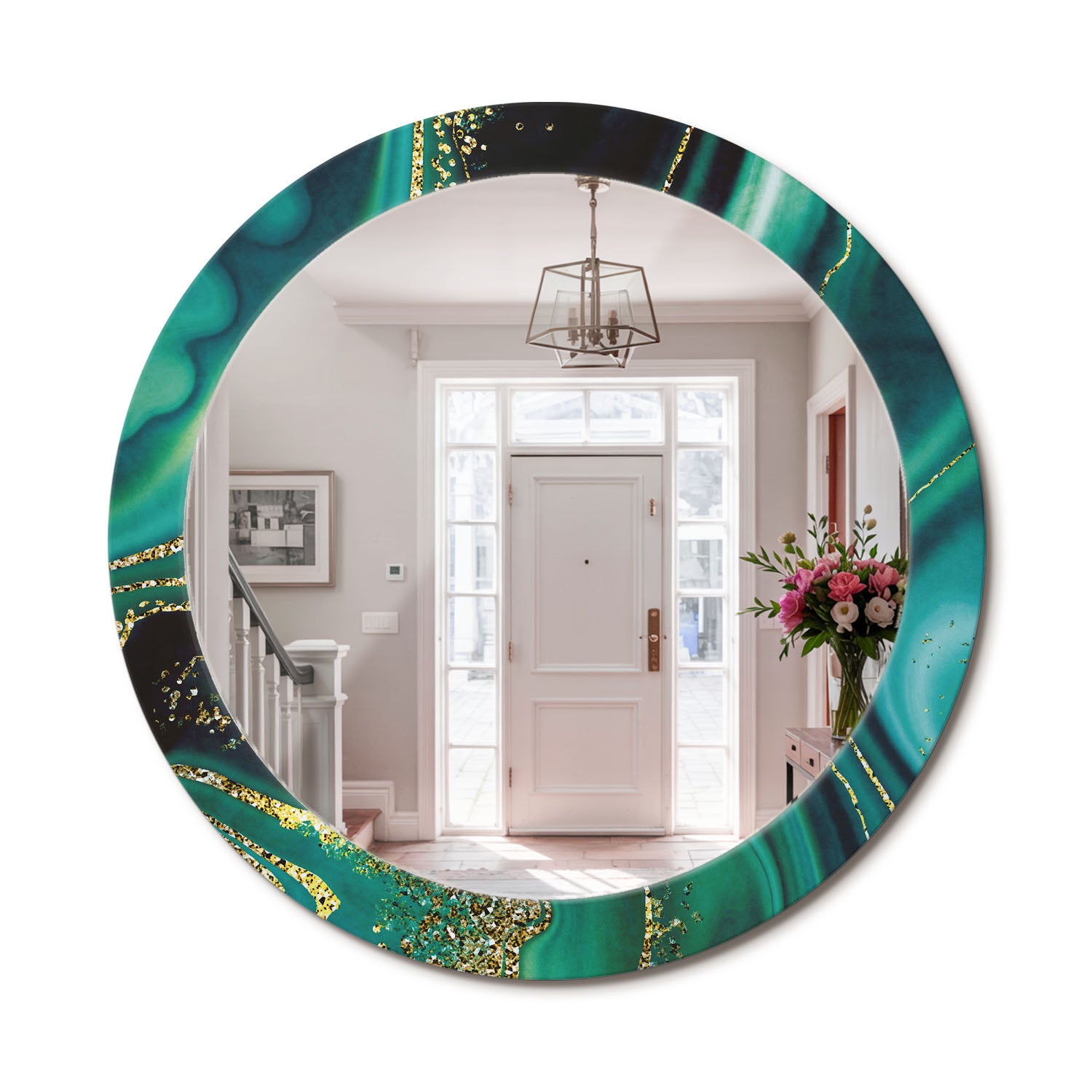 Miroir décoratif rond avec cadre en verre et motif graphique Marbre ...