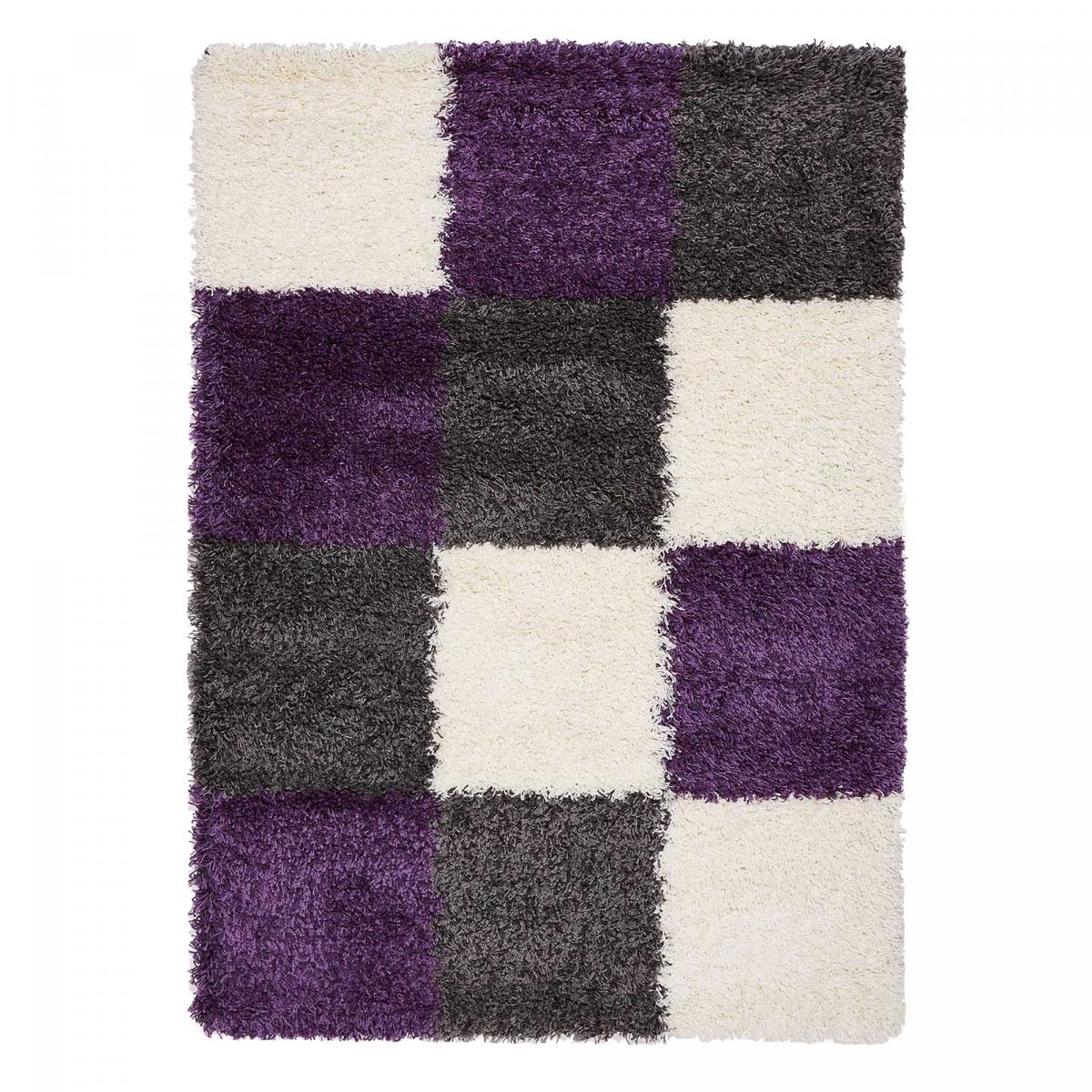 Tapis longs poils shaggy 65x130 rectangle tissé violet motif damier NORLAZ | Leroy Merlin