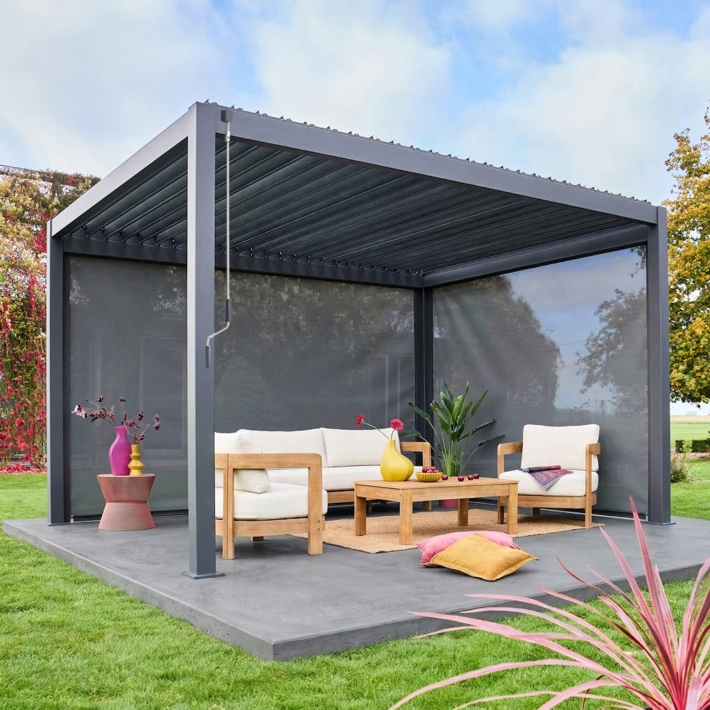 Pérgola bioclimática 3x4m + 2 toldos verticales de 3m y 4m Antracita ...